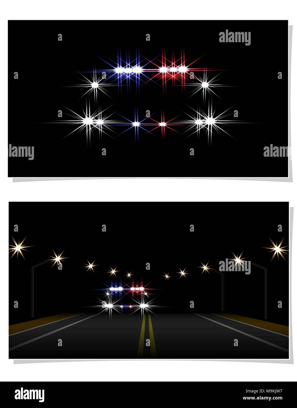 Abstract light effects. Police car at night close-up and on the highway ...