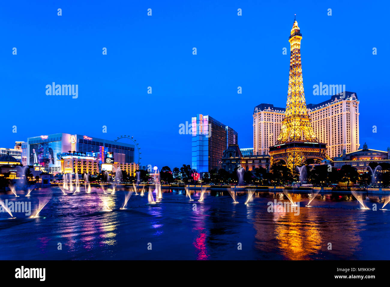 The fountain display at The Bellagio looking towards The Eiffel Tower ...