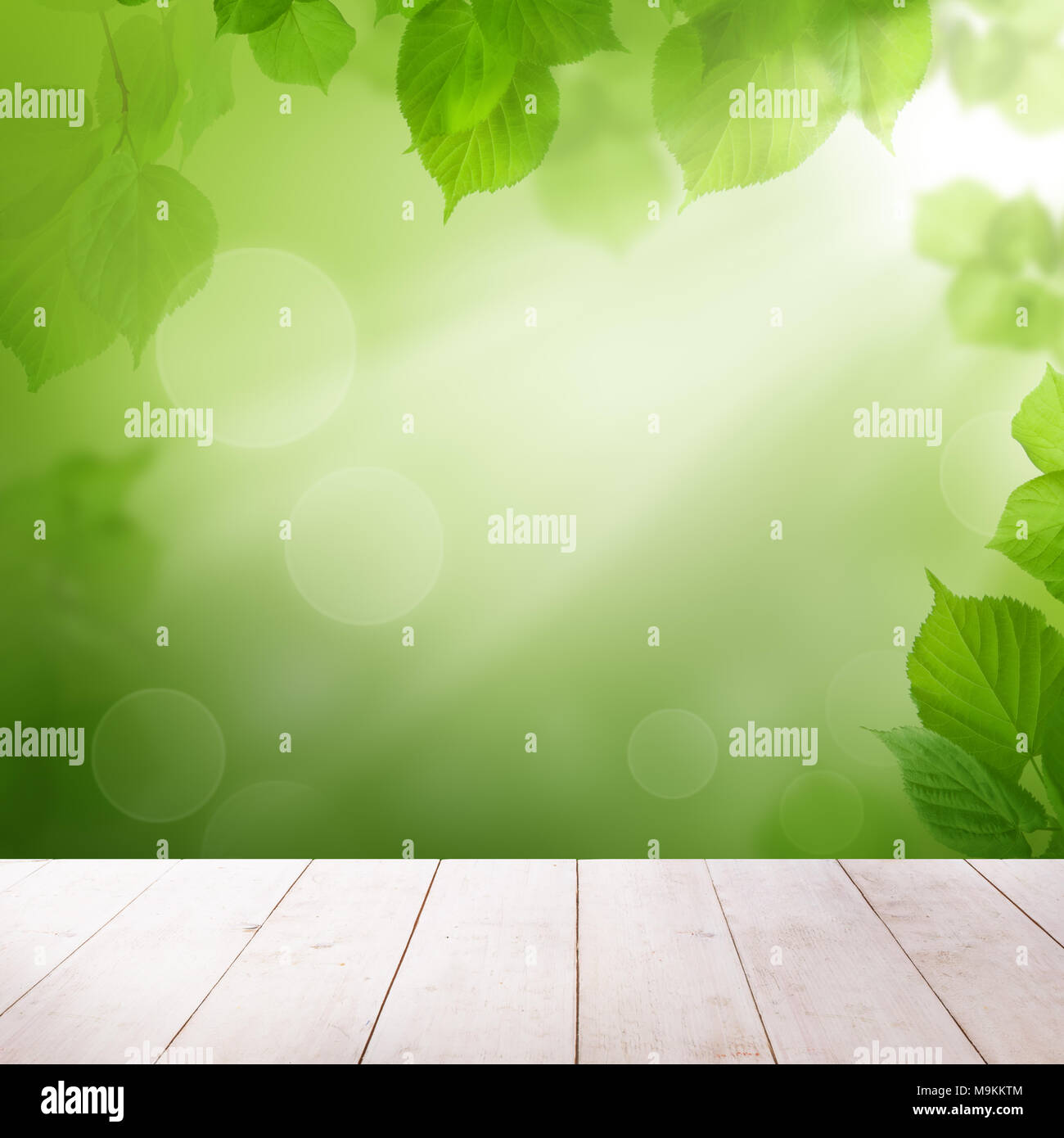 Summer Background with Green Leaves, Bokeh Light and White Empty Wooden ...