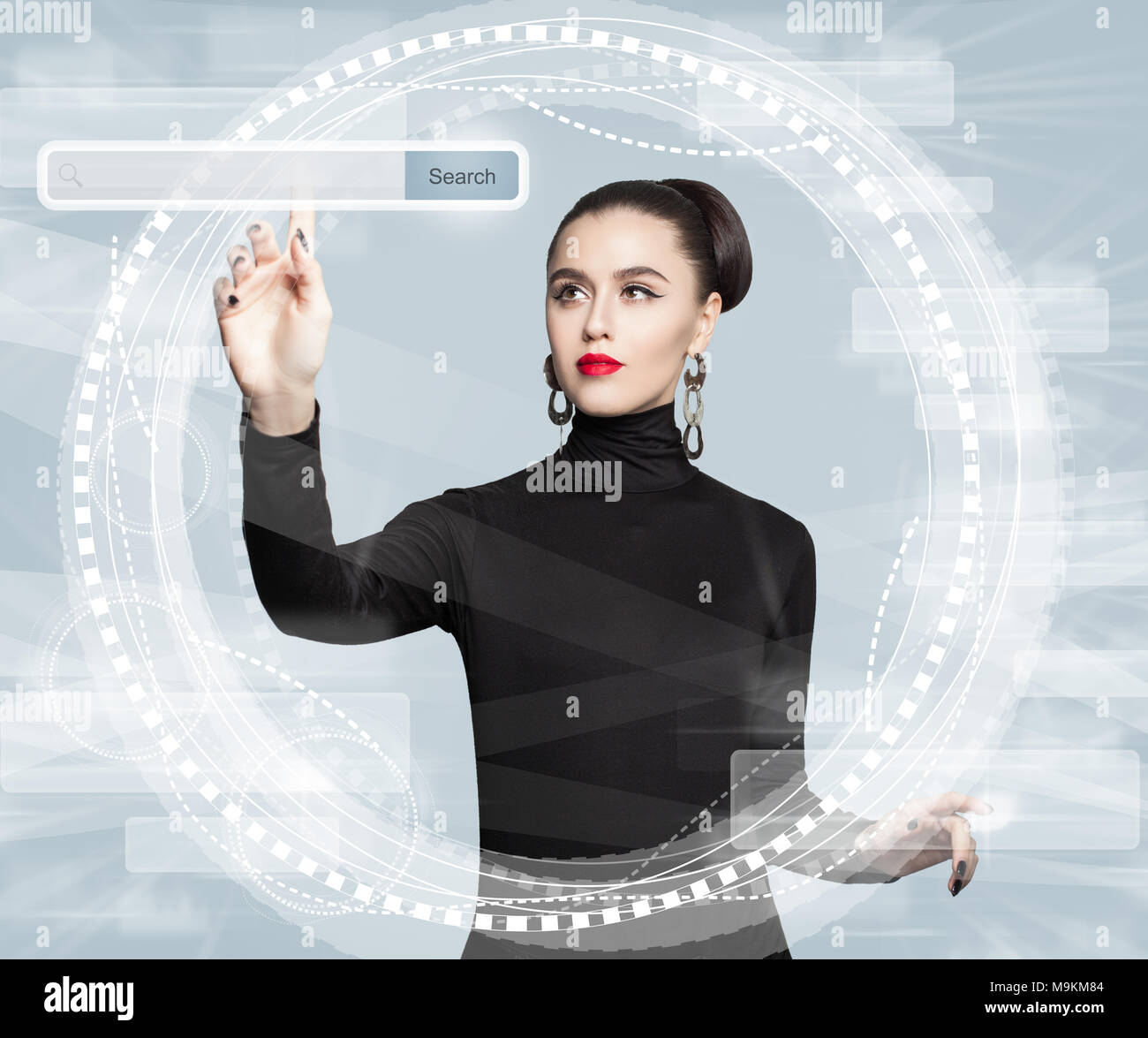 New technology, internet, and web surfing concept. Pointing female hand ...