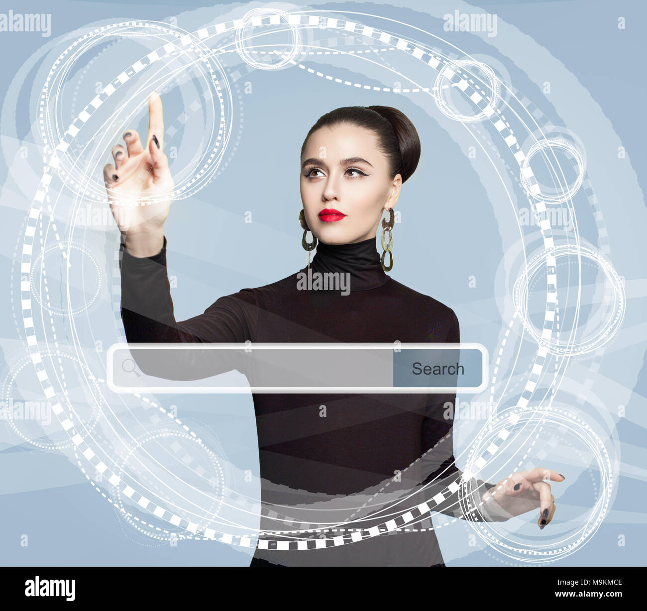 Young woman with empty address bar on virtual screen . New technology ...