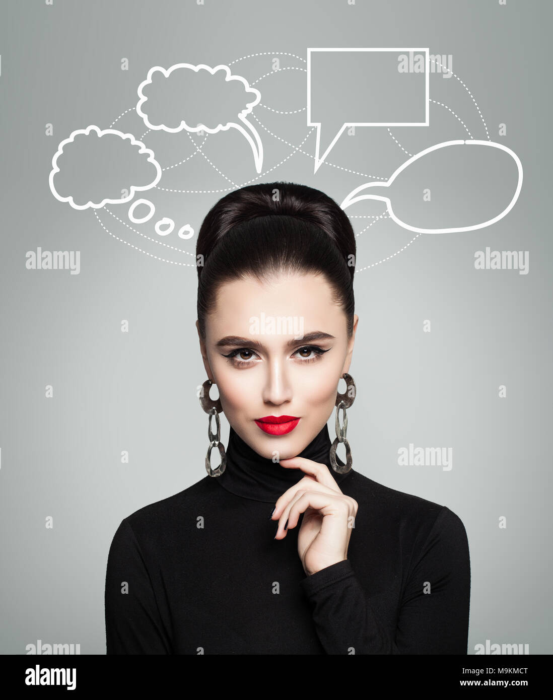 Thinking woman with many ideas in empty bubble on grey background with ...