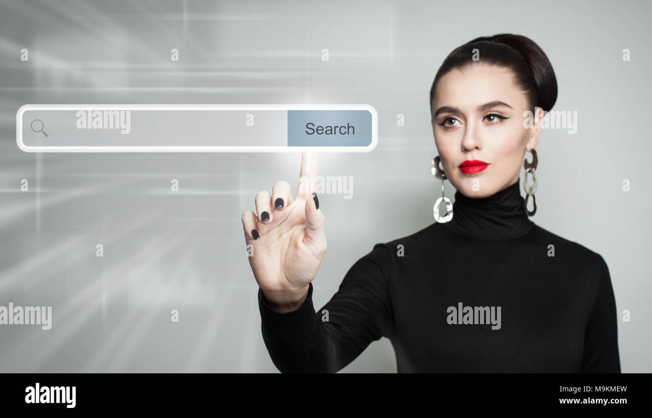 Woman pointing. Female Hand and empty address bar. WWW and internet ...