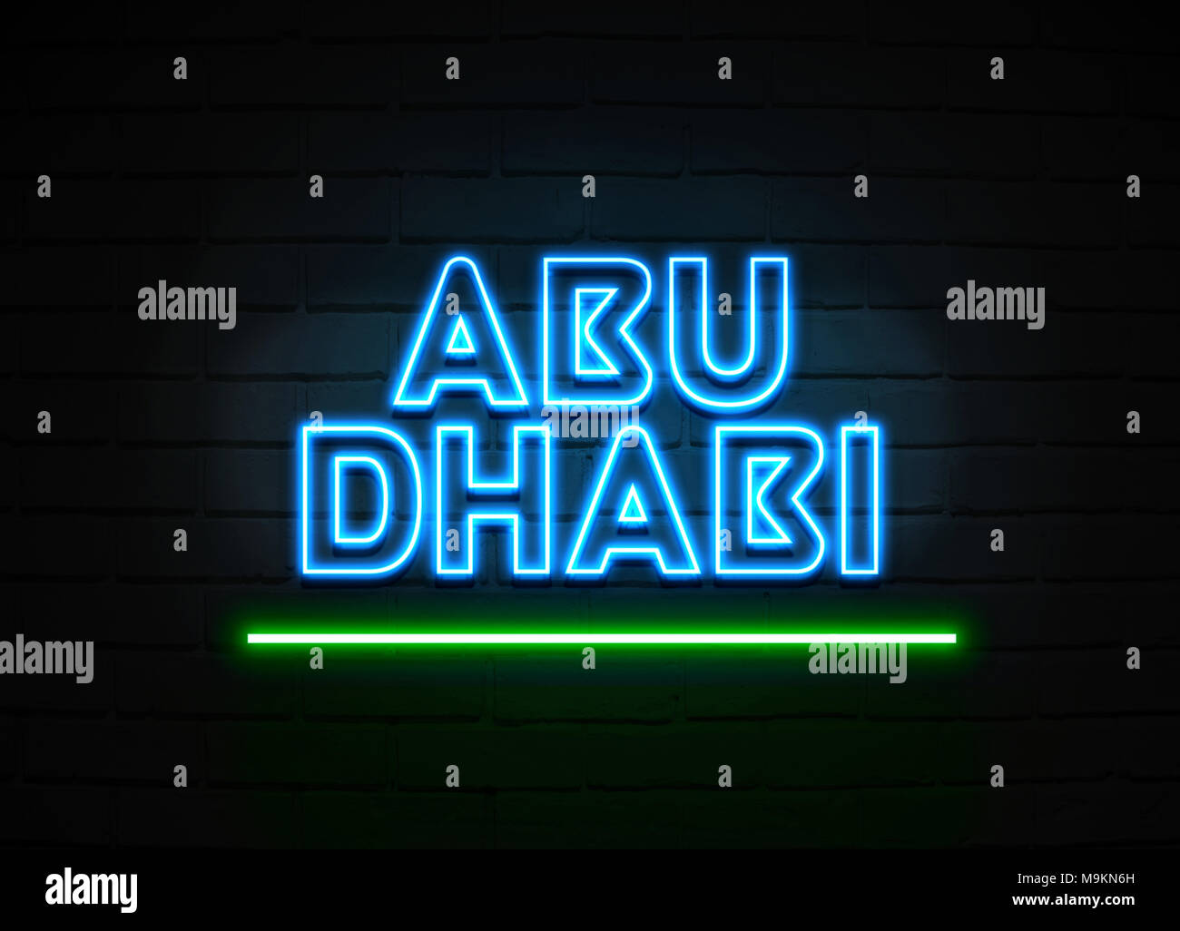 Abu Dhabi neon sign - Glowing Neon Sign on brickwall wall - 3D rendered ...