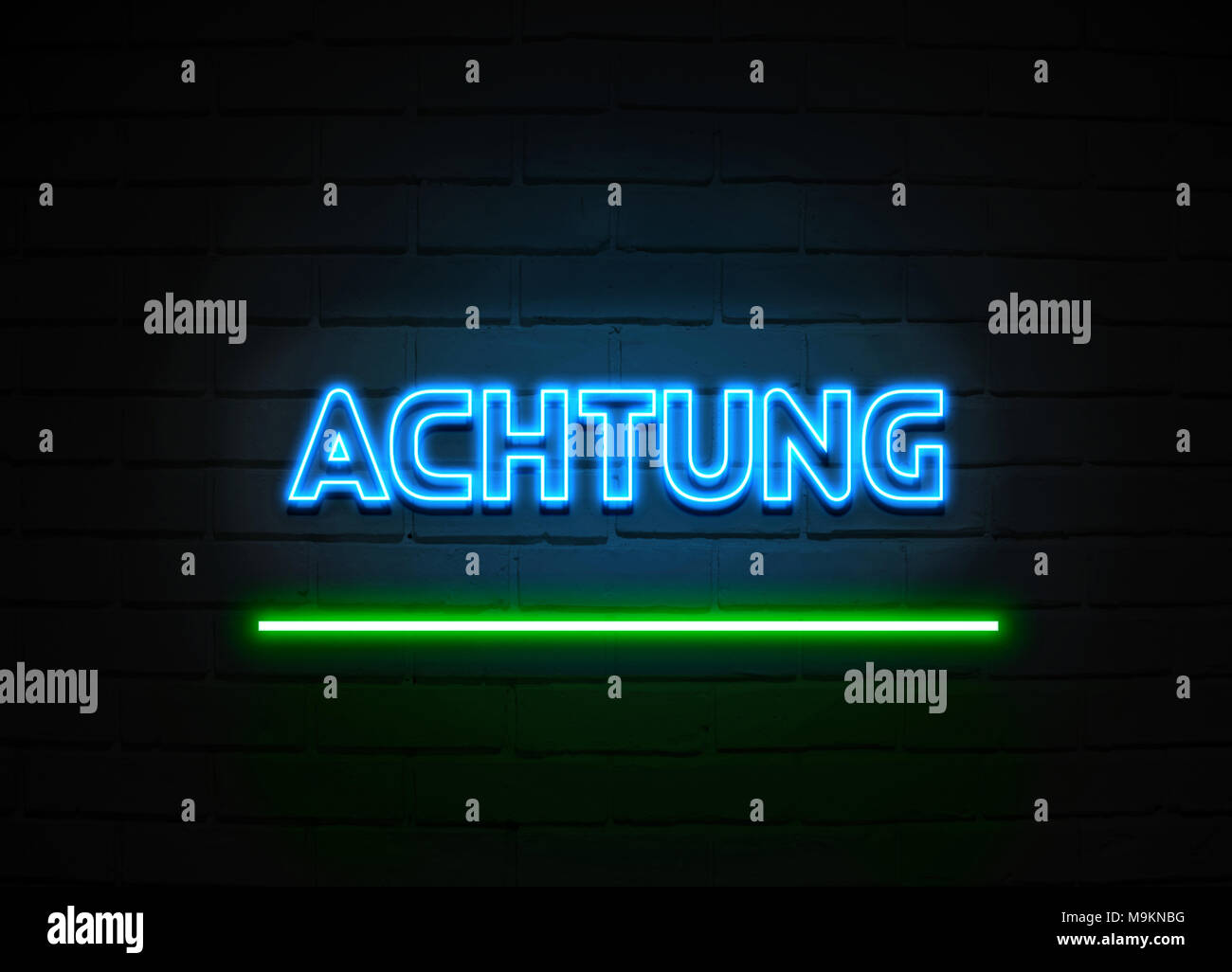 Achtung neon sign - Glowing Neon Sign on brickwall wall - 3D rendered ...