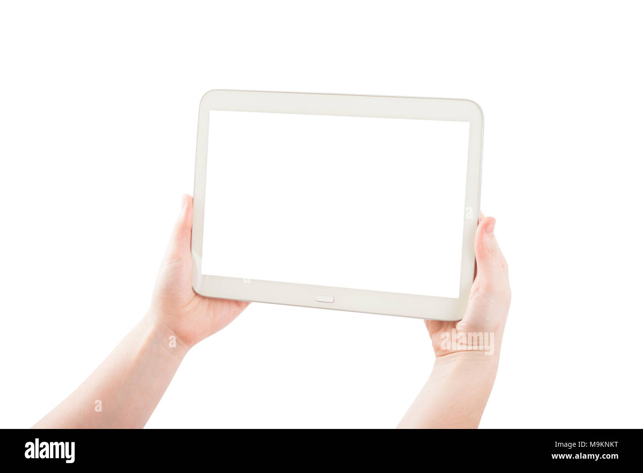 hands holding pc tablet isolated on white Stock Photo - Alamy