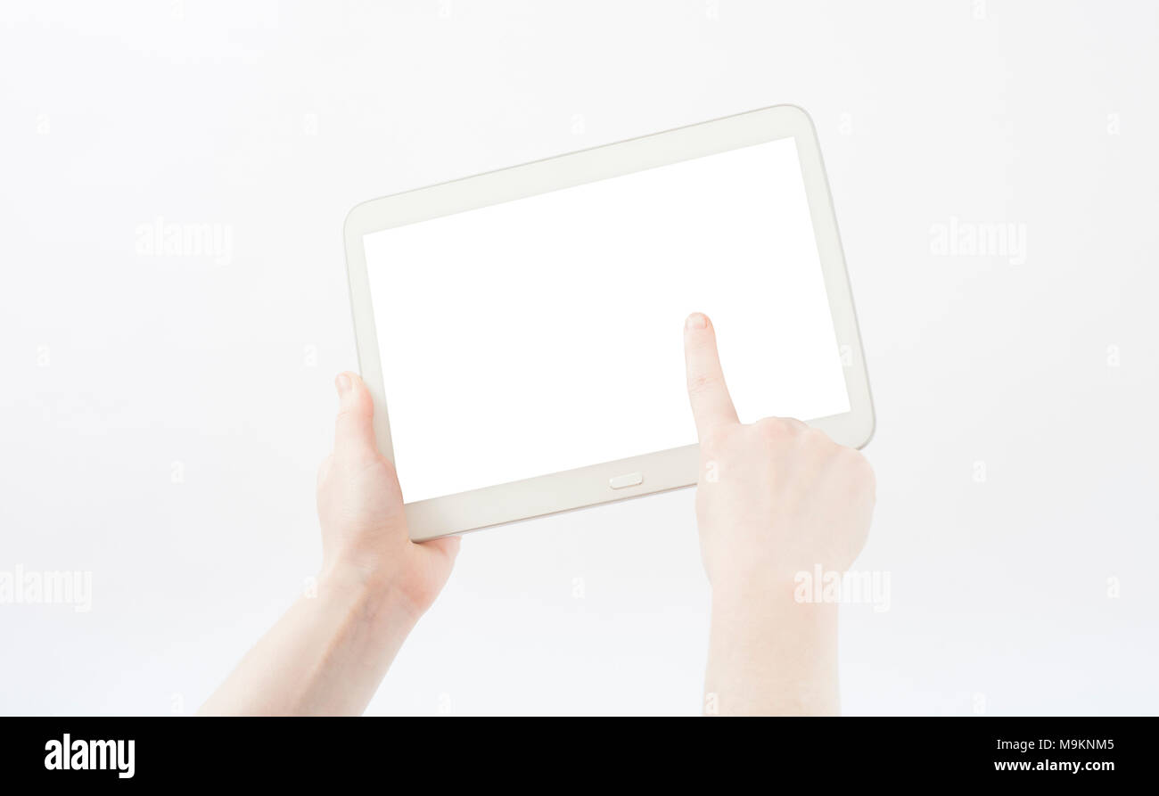 hands holding pc tablet isolated on white Stock Photo - Alamy