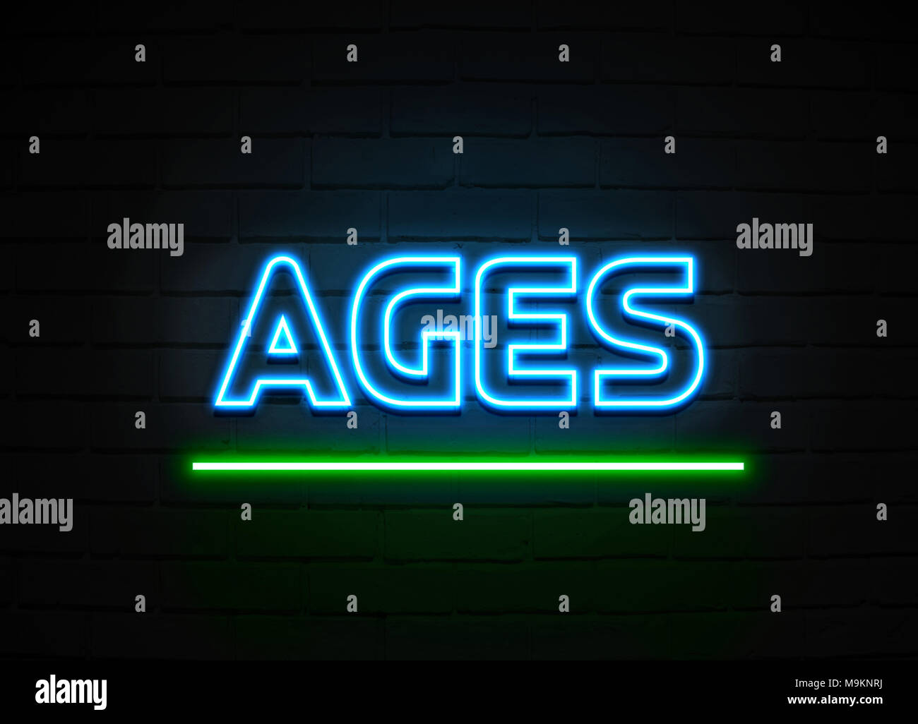 Ages neon sign - Glowing Neon Sign on brickwall wall - 3D rendered ...