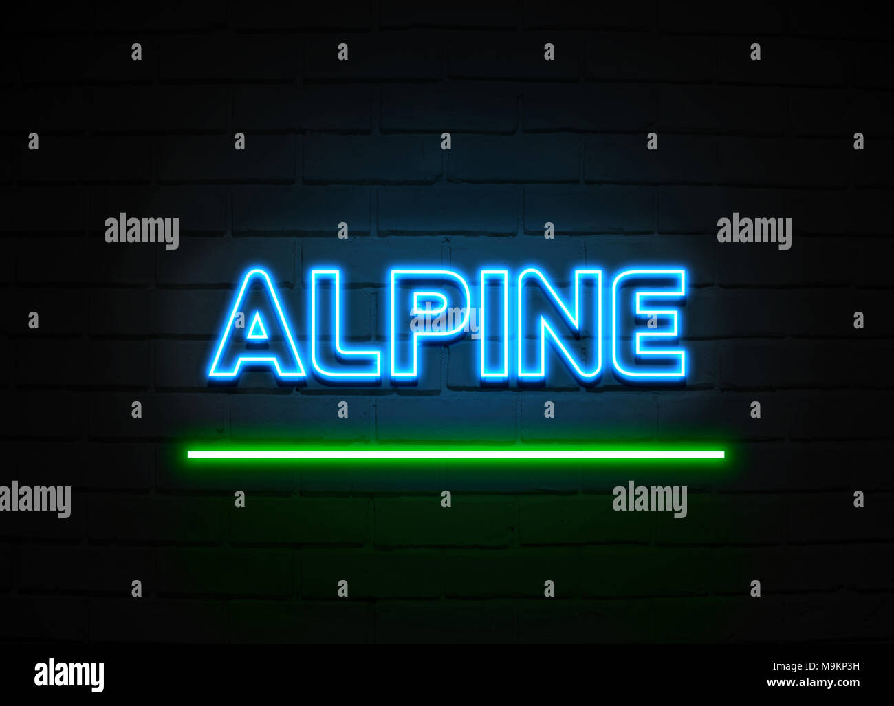 Alpine neon sign - Glowing Neon Sign on brickwall wall - 3D rendered ...
