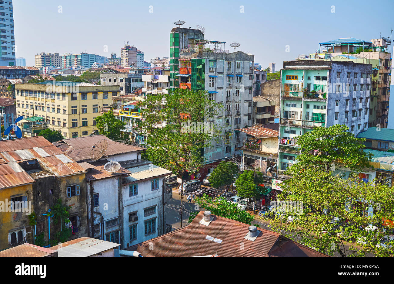 The high-rises in residential quarters of Yangon Downtown, the old city ...
