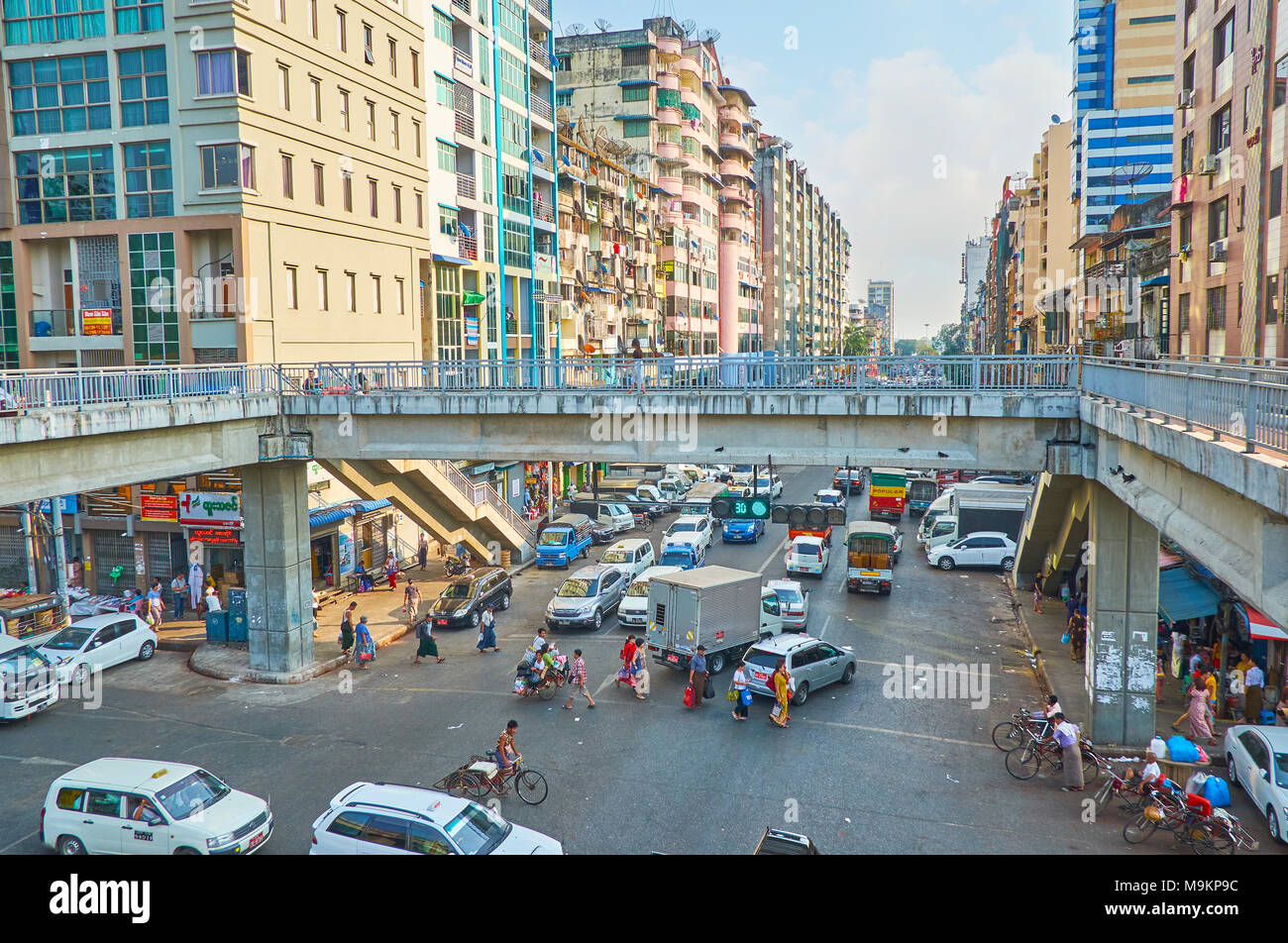 YANGON, MYANMAR - FEBRUARY 14, 2018: The pedestrian bridge on ...