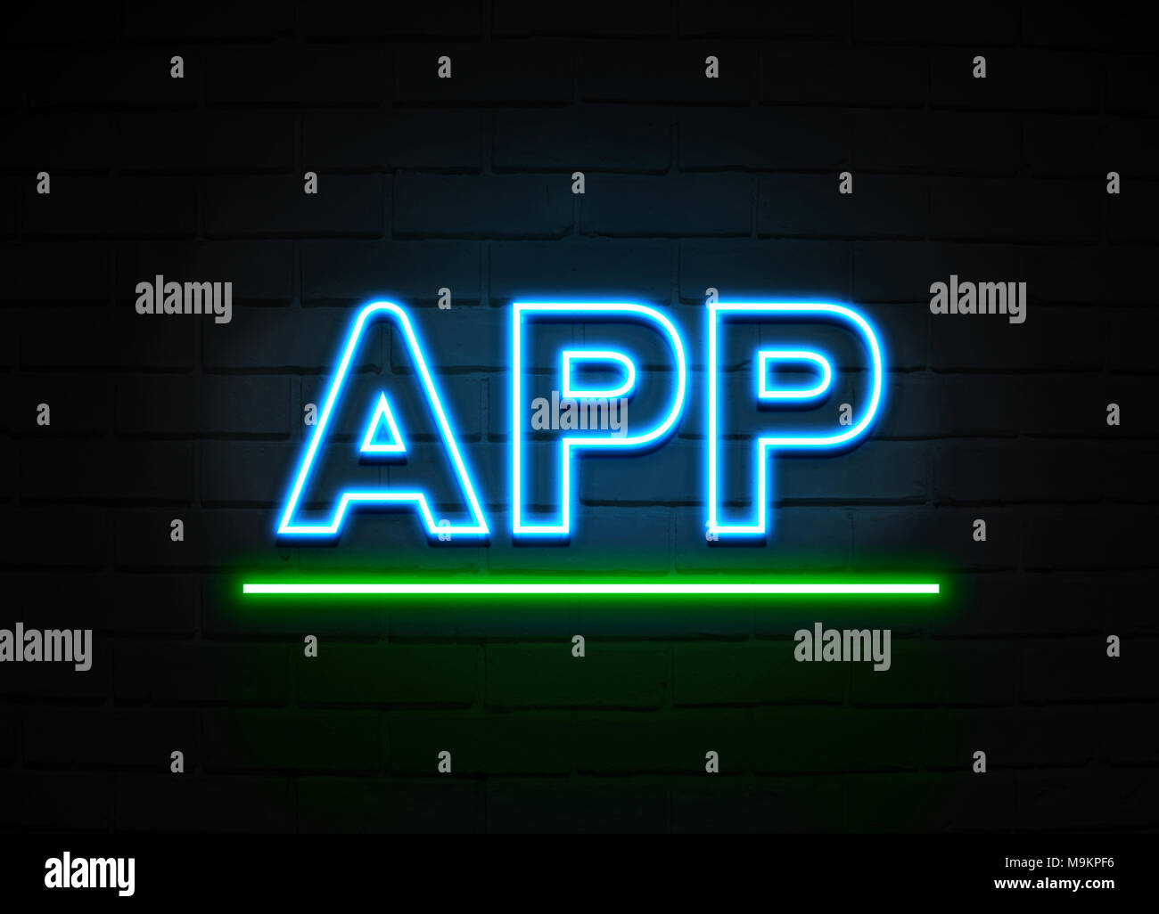 App neon sign - Glowing Neon Sign on brickwall wall - 3D rendered ...