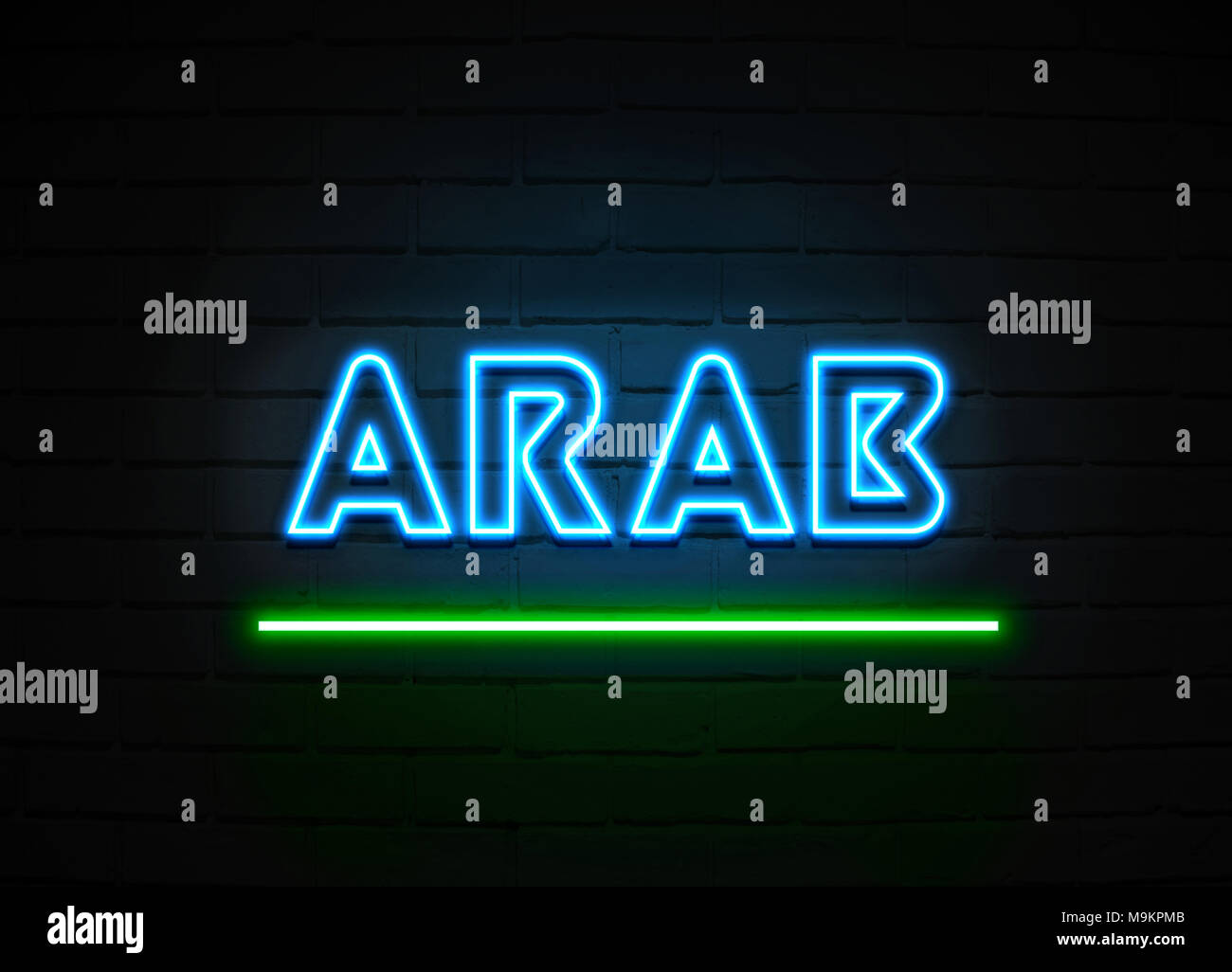 Arab neon sign - Glowing Neon Sign on brickwall wall - 3D rendered ...
