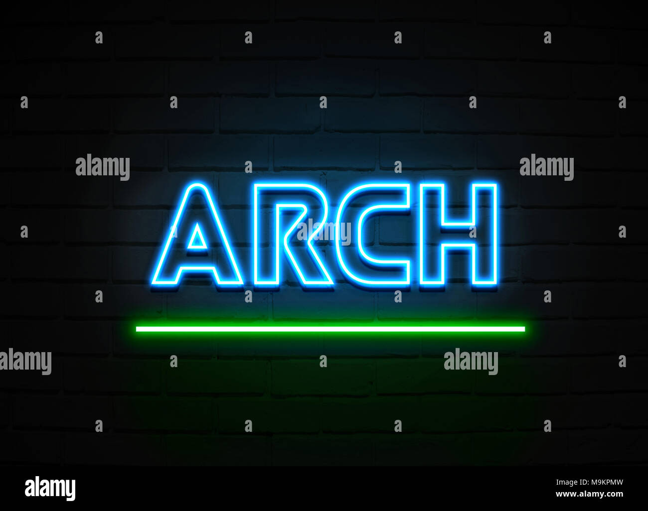 Arch neon sign - Glowing Neon Sign on brickwall wall - 3D rendered ...