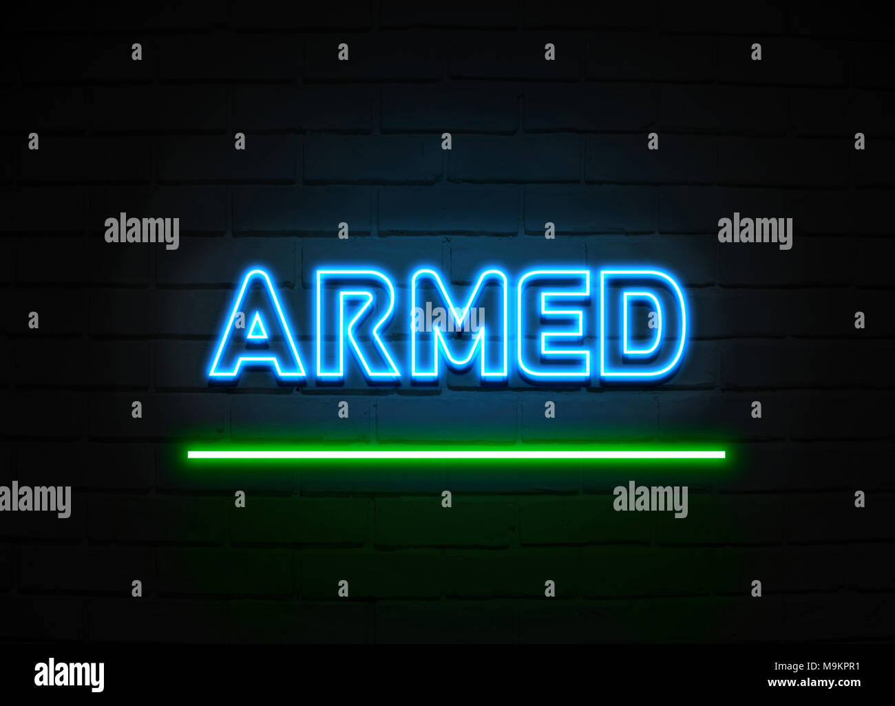 Armed neon sign - Glowing Neon Sign on brickwall wall - 3D rendered ...