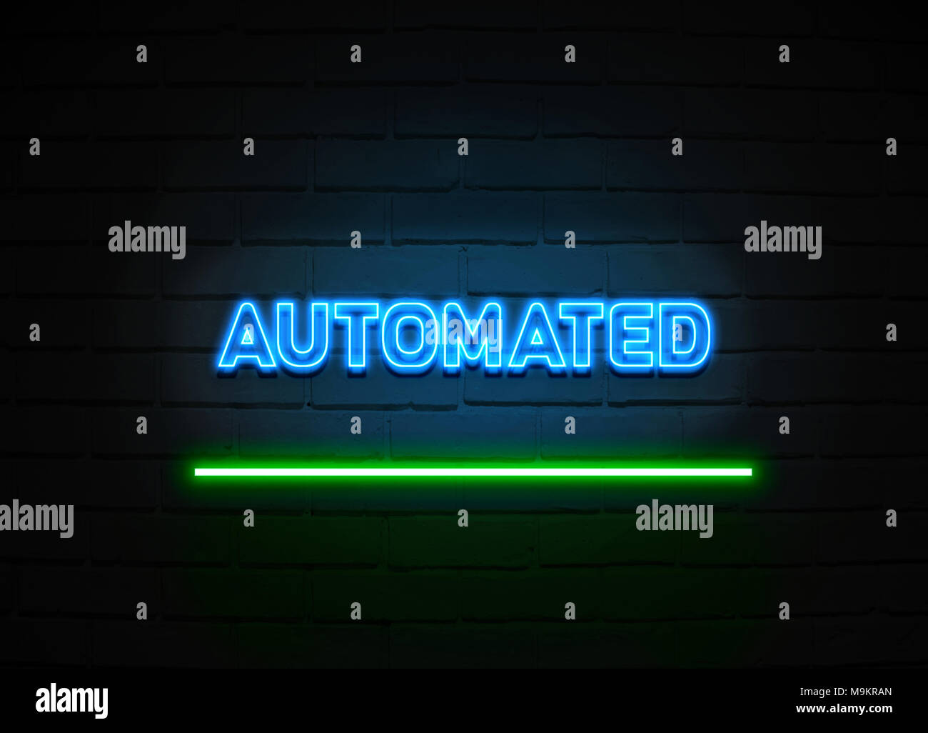Automated neon sign - Glowing Neon Sign on brickwall wall - 3D rendered ...