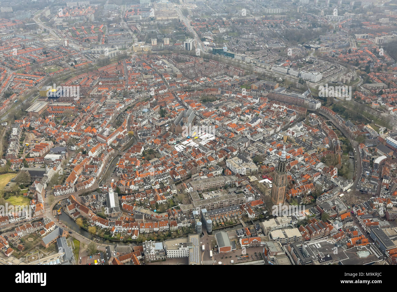Aerial view over the city of Amersfoort historic centre. Seen during an ...