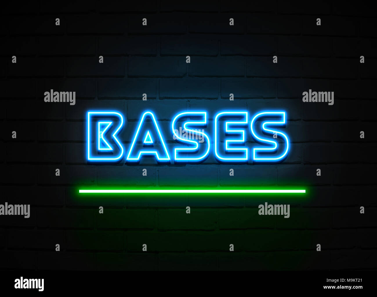 Bases neon sign - Glowing Neon Sign on brickwall wall - 3D rendered ...