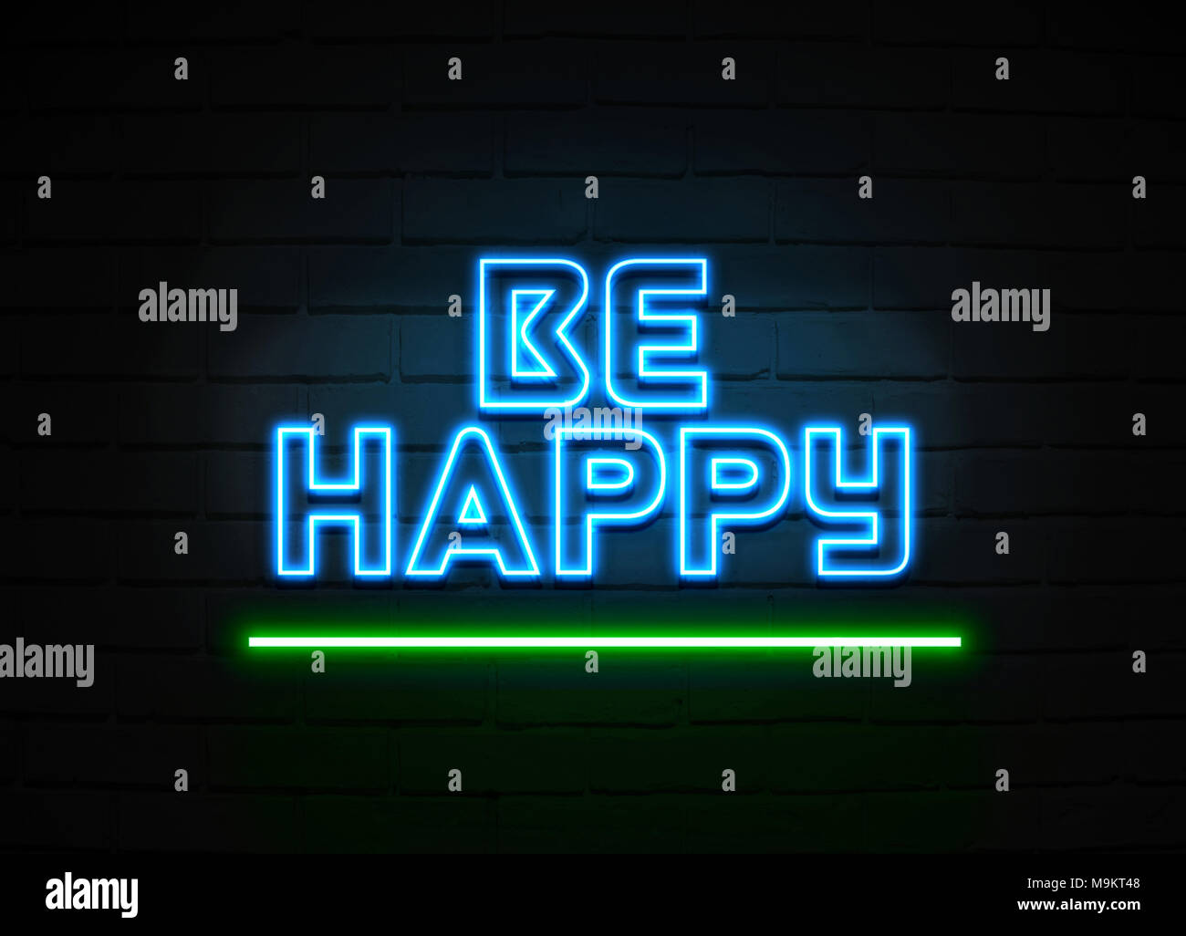 Be Happy neon sign - Glowing Neon Sign on brickwall wall - 3D rendered ...