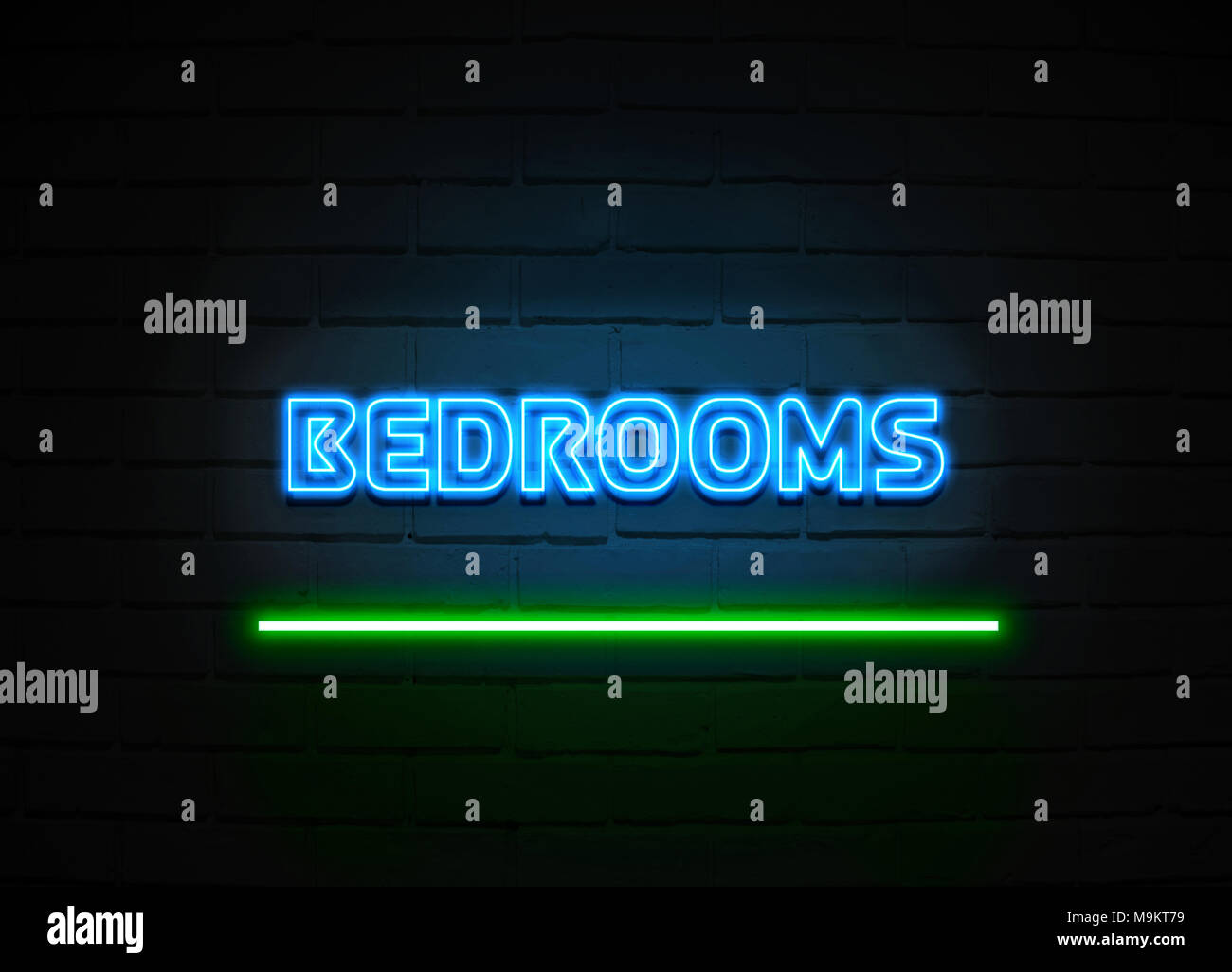 Bedrooms neon sign - Glowing Neon Sign on brickwall wall - 3D rendered ...