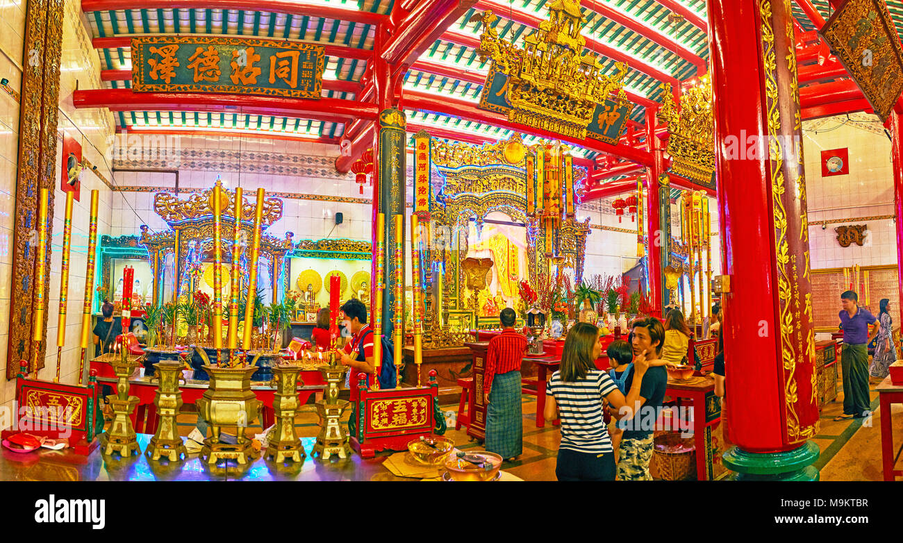 YANGON, MYANMAR - FEBRUARY 14, 2018: Panorama of Chinese Guanyin Gumiao ...
