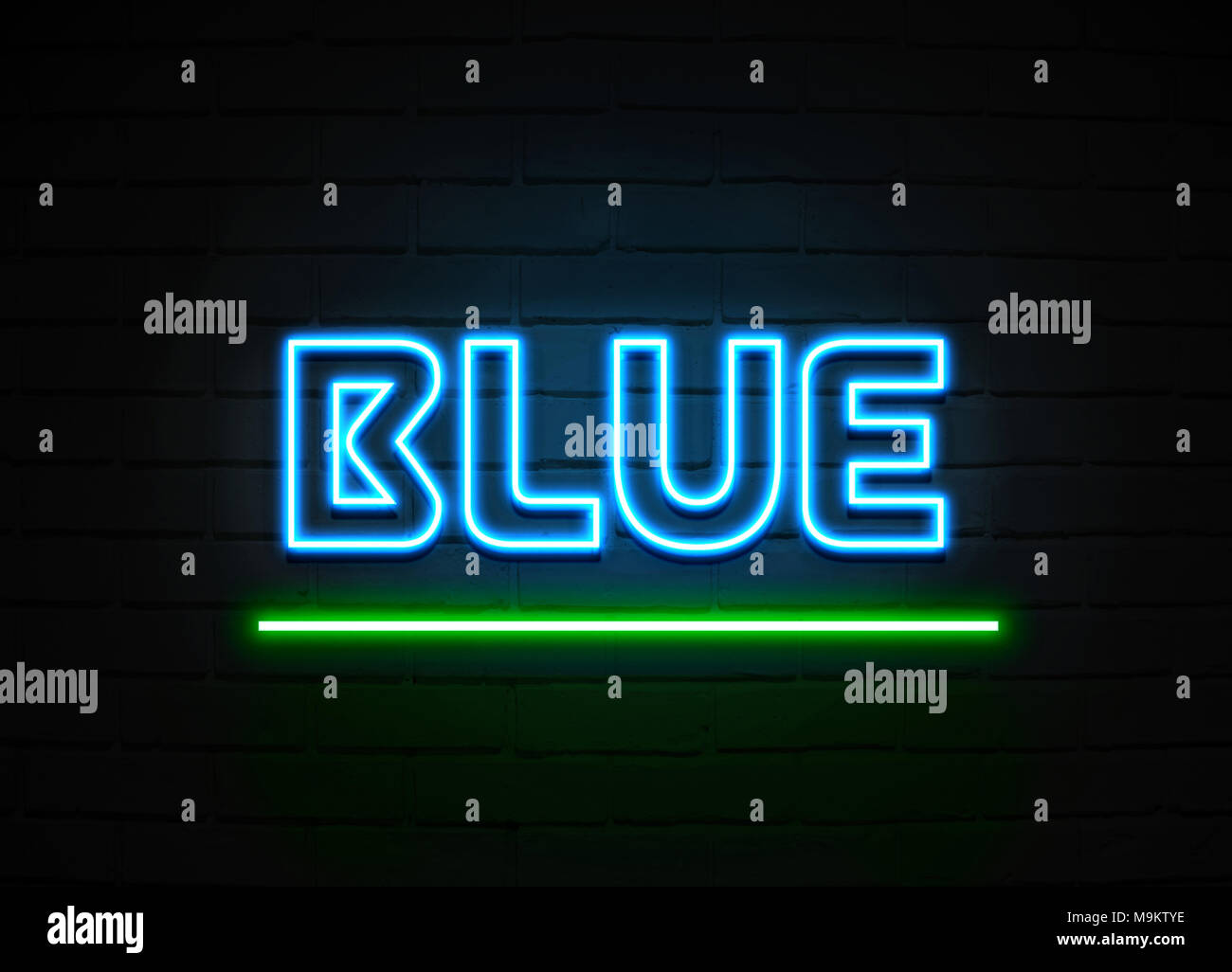 Blue neon sign - Glowing Neon Sign on brickwall wall - 3D rendered ...