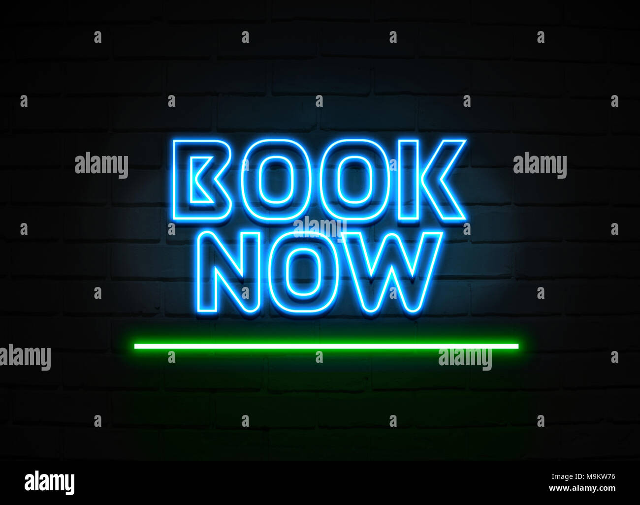 Book Now neon sign - Glowing Neon Sign on brickwall wall - 3D rendered ...