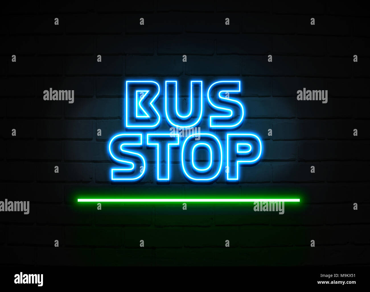 Bus Stop neon sign - Glowing Neon Sign on brickwall wall - 3D rendered ...