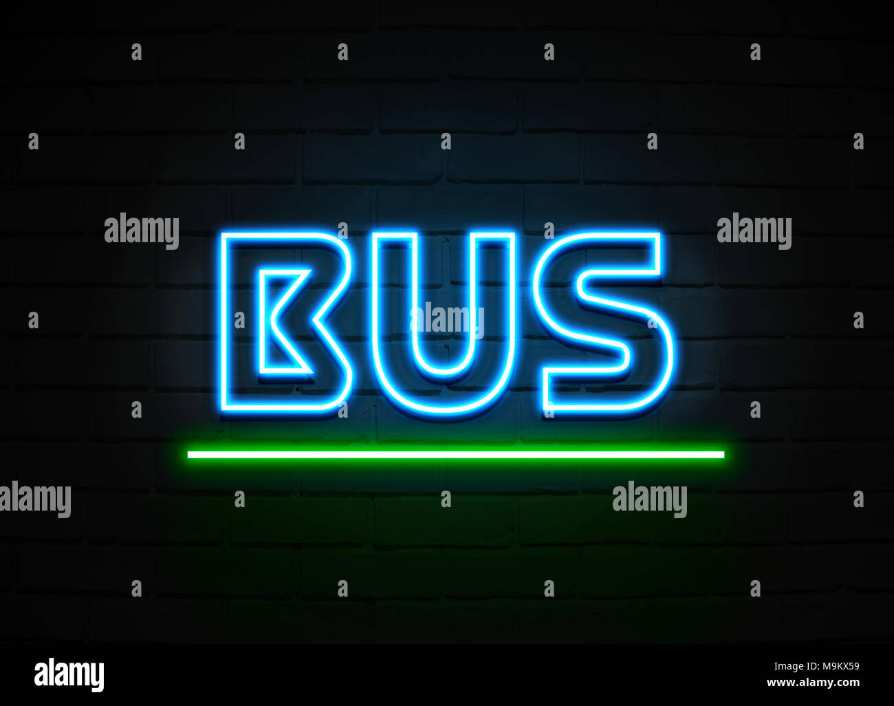 Bus neon sign - Glowing Neon Sign on brickwall wall - 3D rendered ...