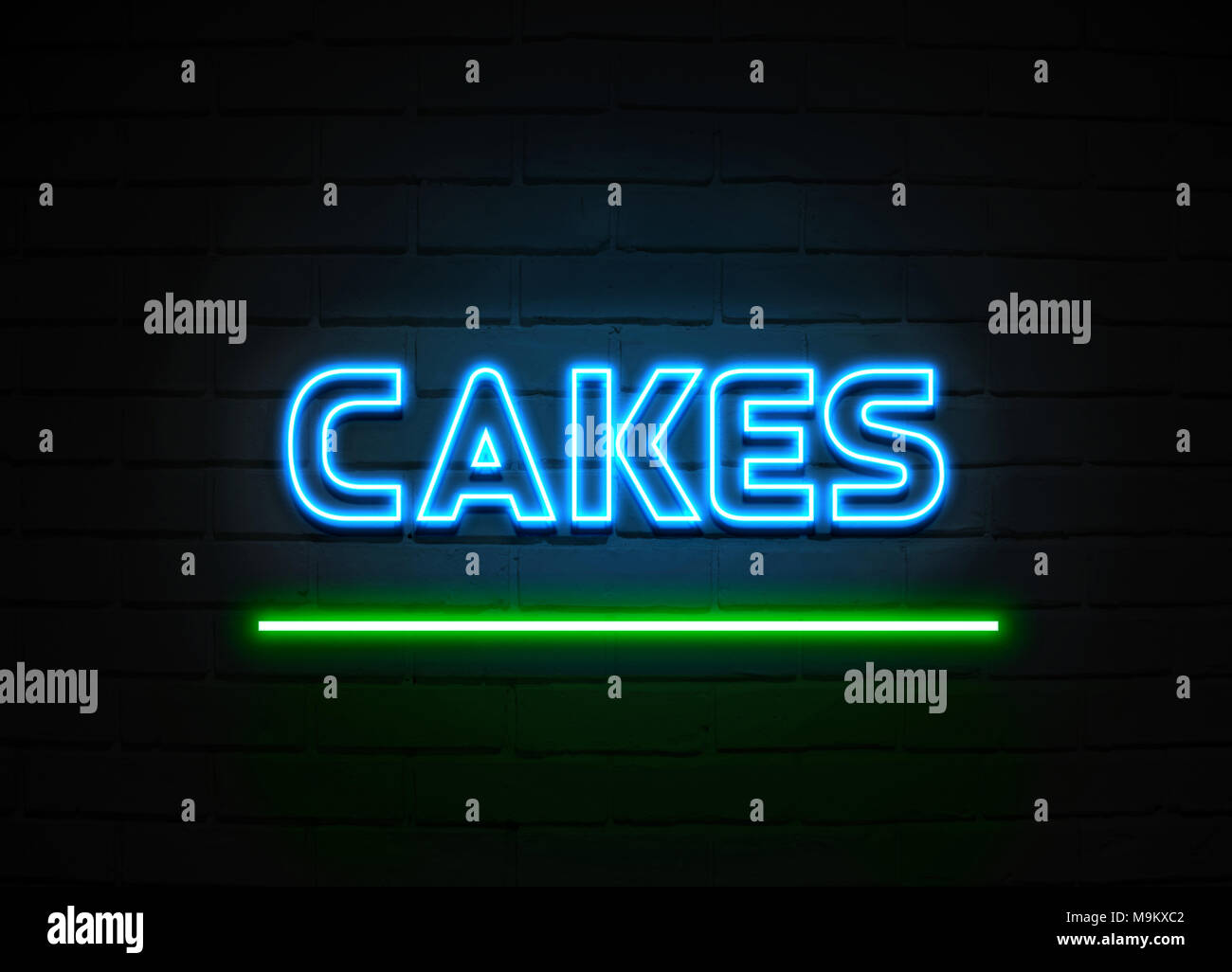 Cakes neon sign - Glowing Neon Sign on brickwall wall - 3D rendered ...