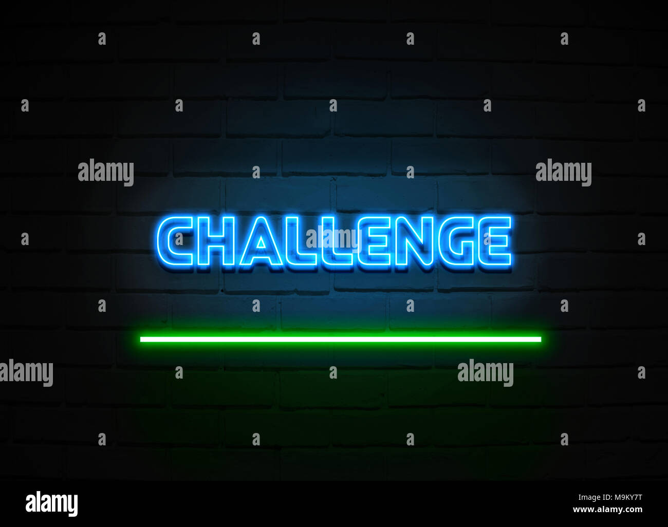 Challenge neon sign - Glowing Neon Sign on brickwall wall - 3D rendered ...