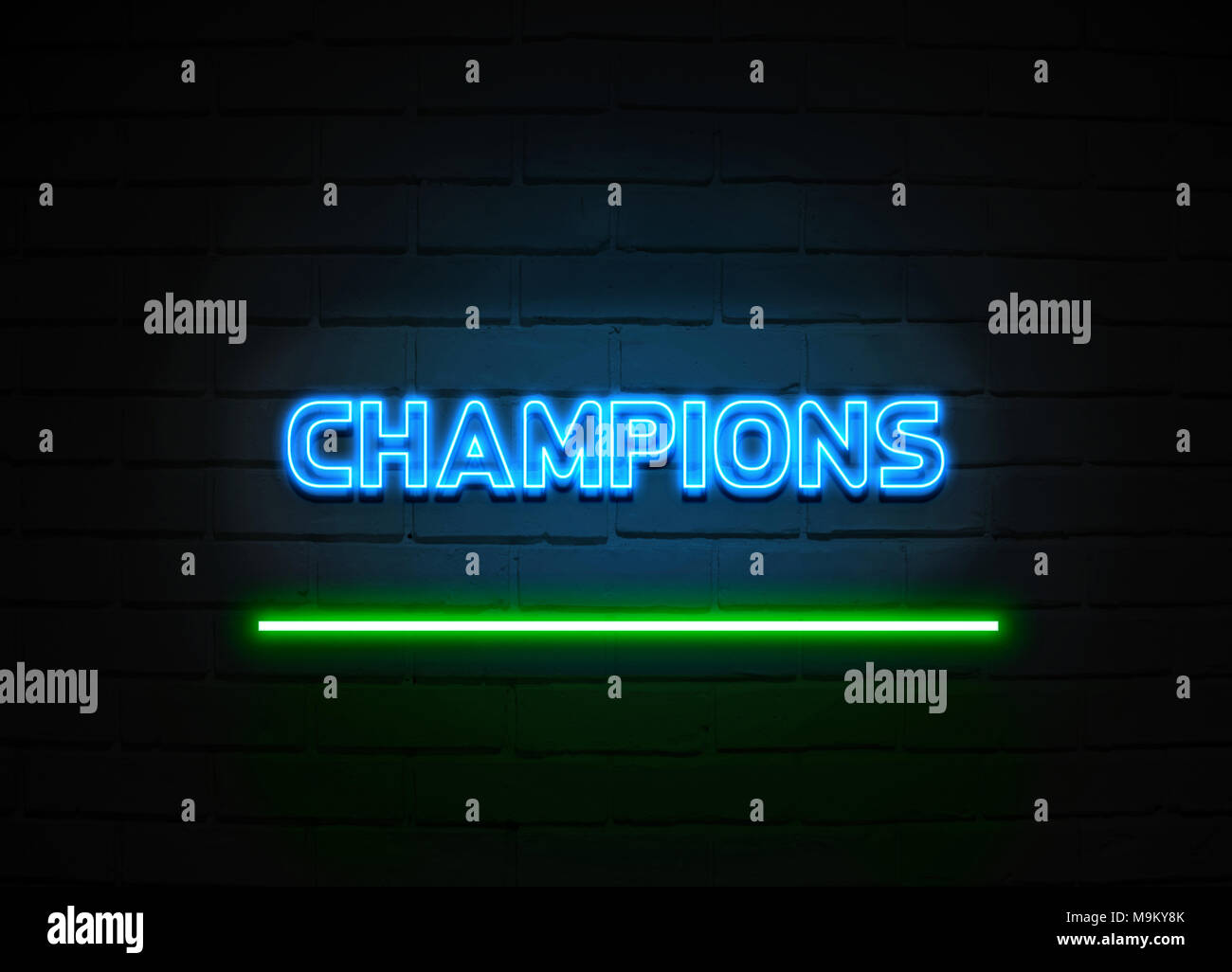 Champions neon sign - Glowing Neon Sign on brickwall wall - 3D rendered ...
