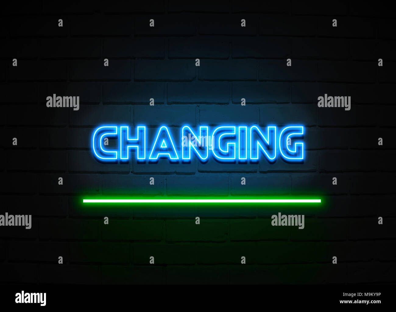 Changing neon sign - Glowing Neon Sign on brickwall wall - 3D rendered ...