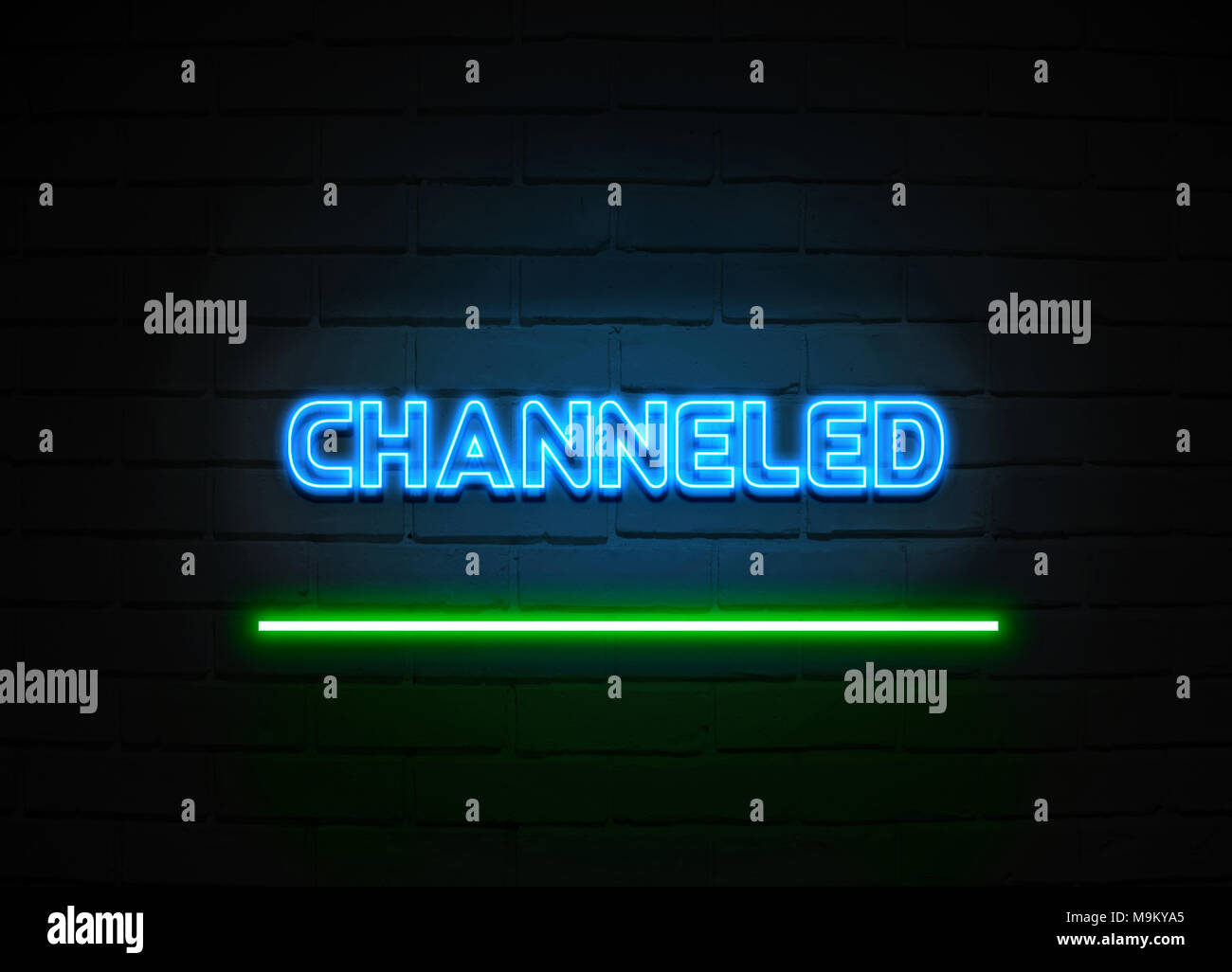 Channeled neon sign - Glowing Neon Sign on brickwall wall - 3D rendered ...