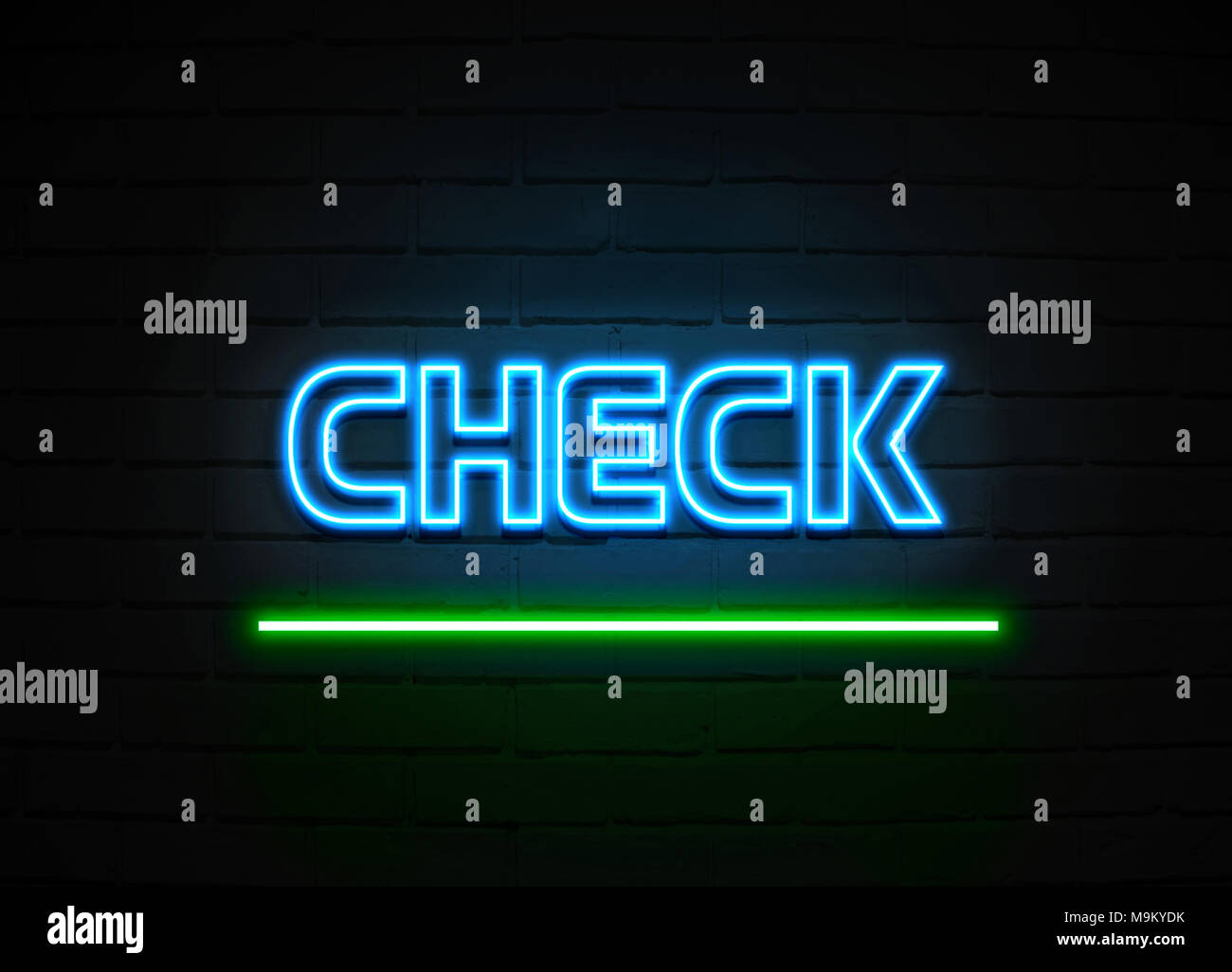 Check neon sign - Glowing Neon Sign on brickwall wall - 3D rendered ...