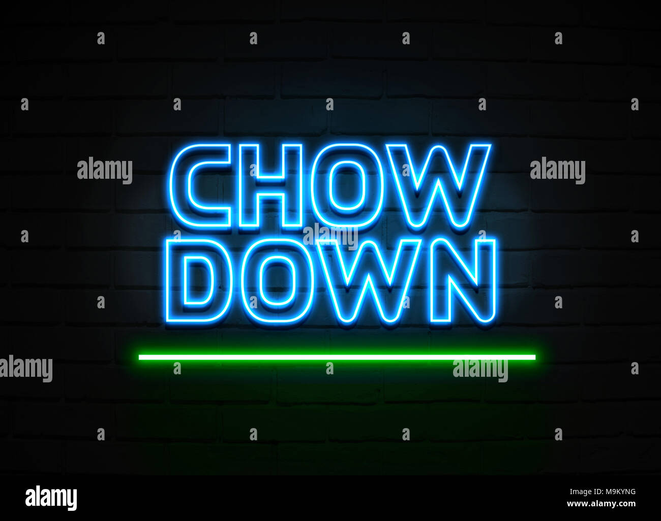 Chow Down neon sign - Glowing Neon Sign on brickwall wall - 3D rendered ...