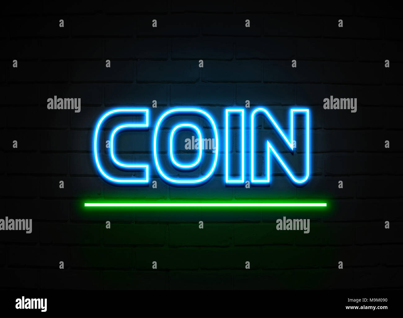 Coin neon sign - Glowing Neon Sign on brickwall wall - 3D rendered ...