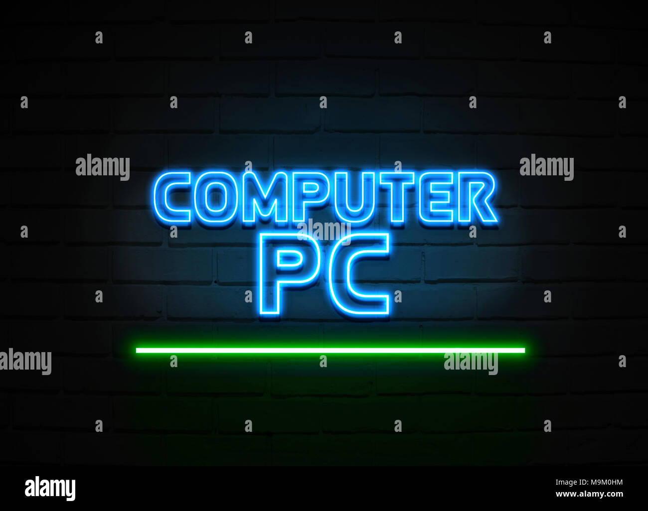 Computer Pc neon sign - Glowing Neon Sign on brickwall wall - 3D ...