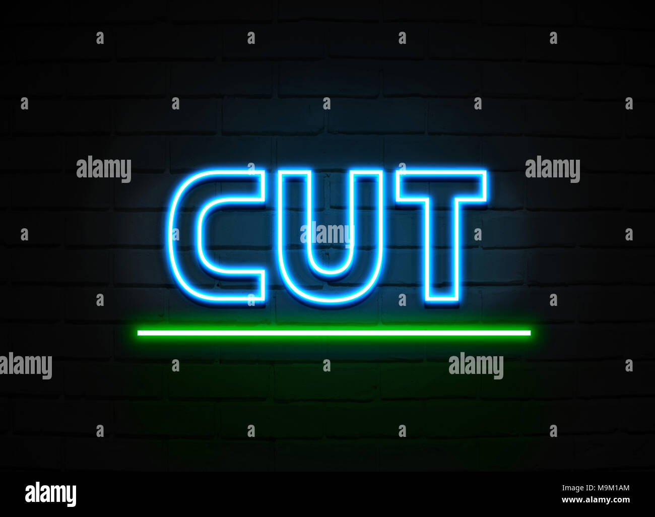 Cut neon sign - Glowing Neon Sign on brickwall wall - 3D rendered ...