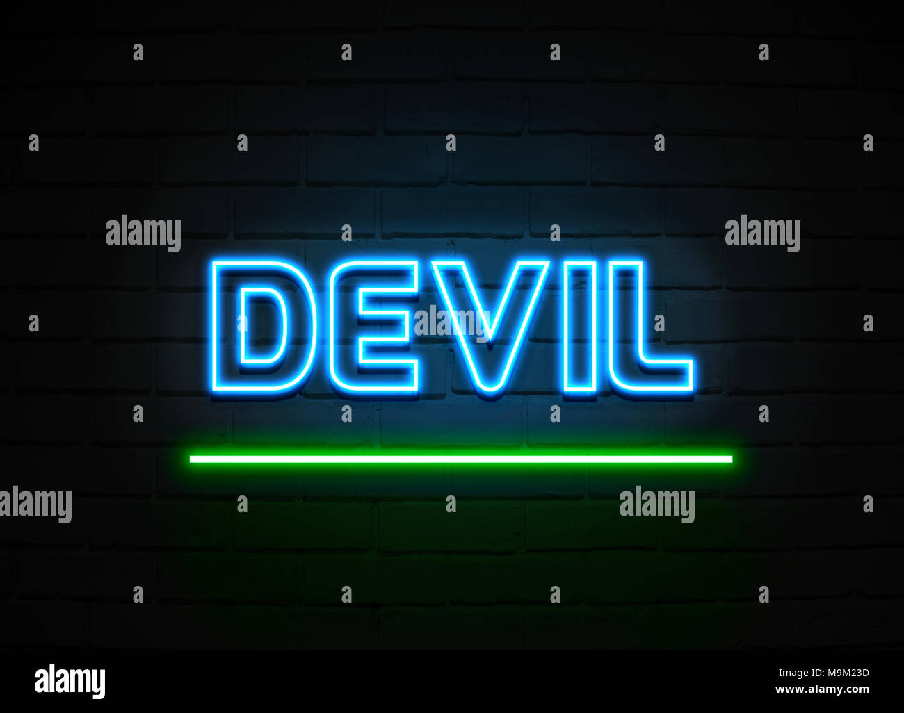 Devil neon sign - Glowing Neon Sign on brickwall wall - 3D rendered ...