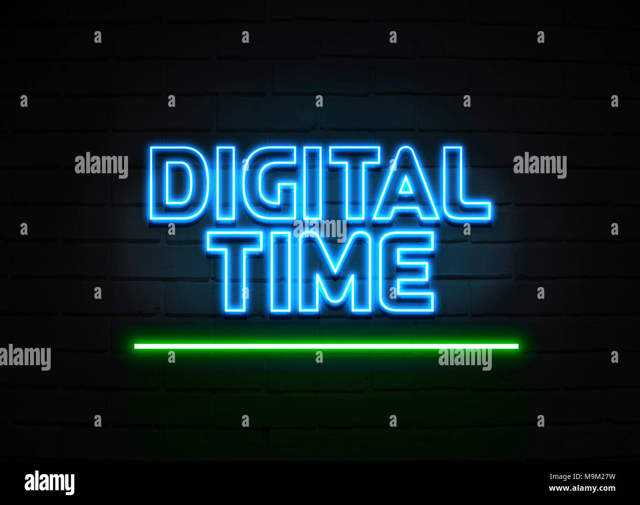 Digital Time neon sign - Glowing Neon Sign on brickwall wall - 3D ...