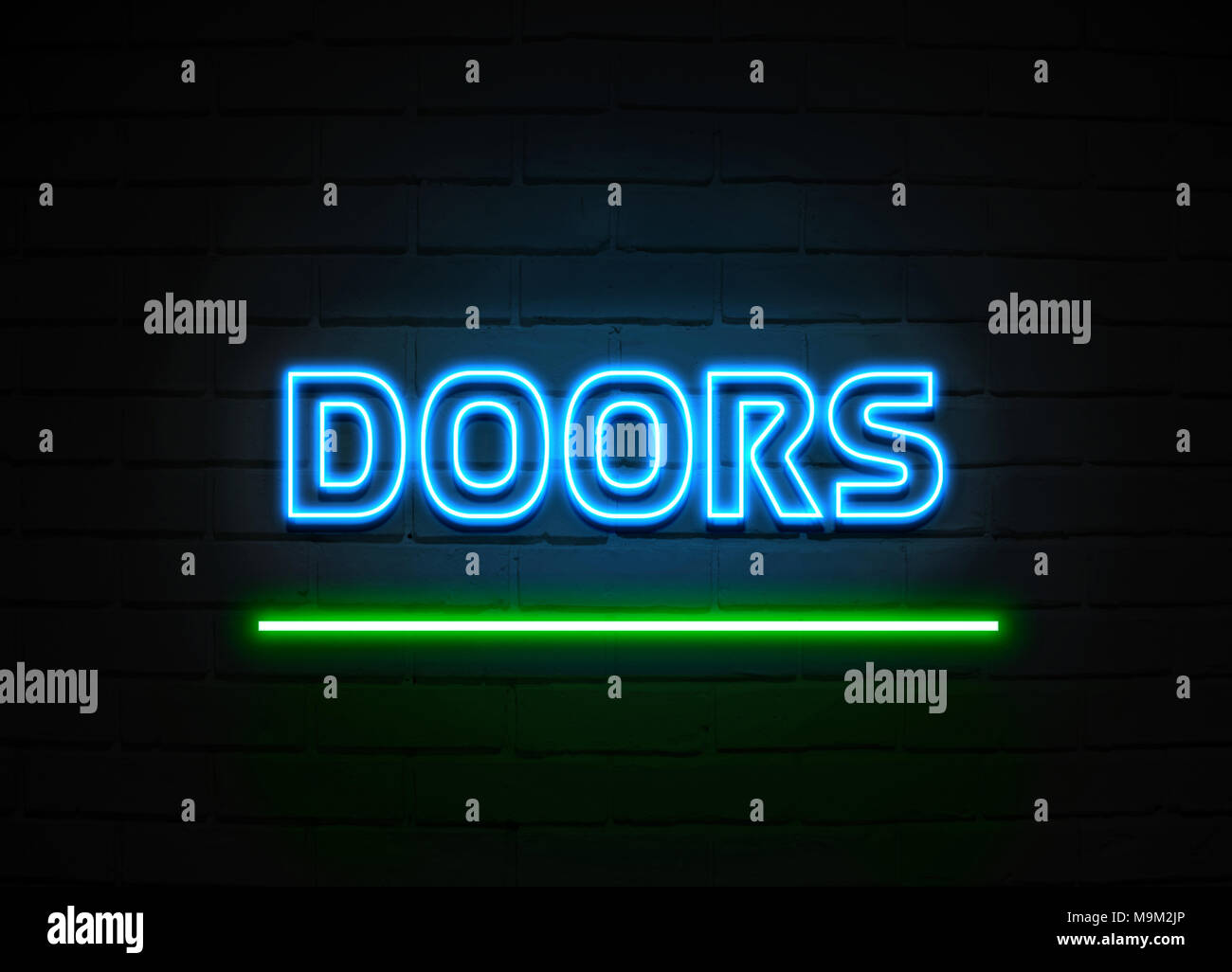 Doors neon sign - Glowing Neon Sign on brickwall wall - 3D rendered ...