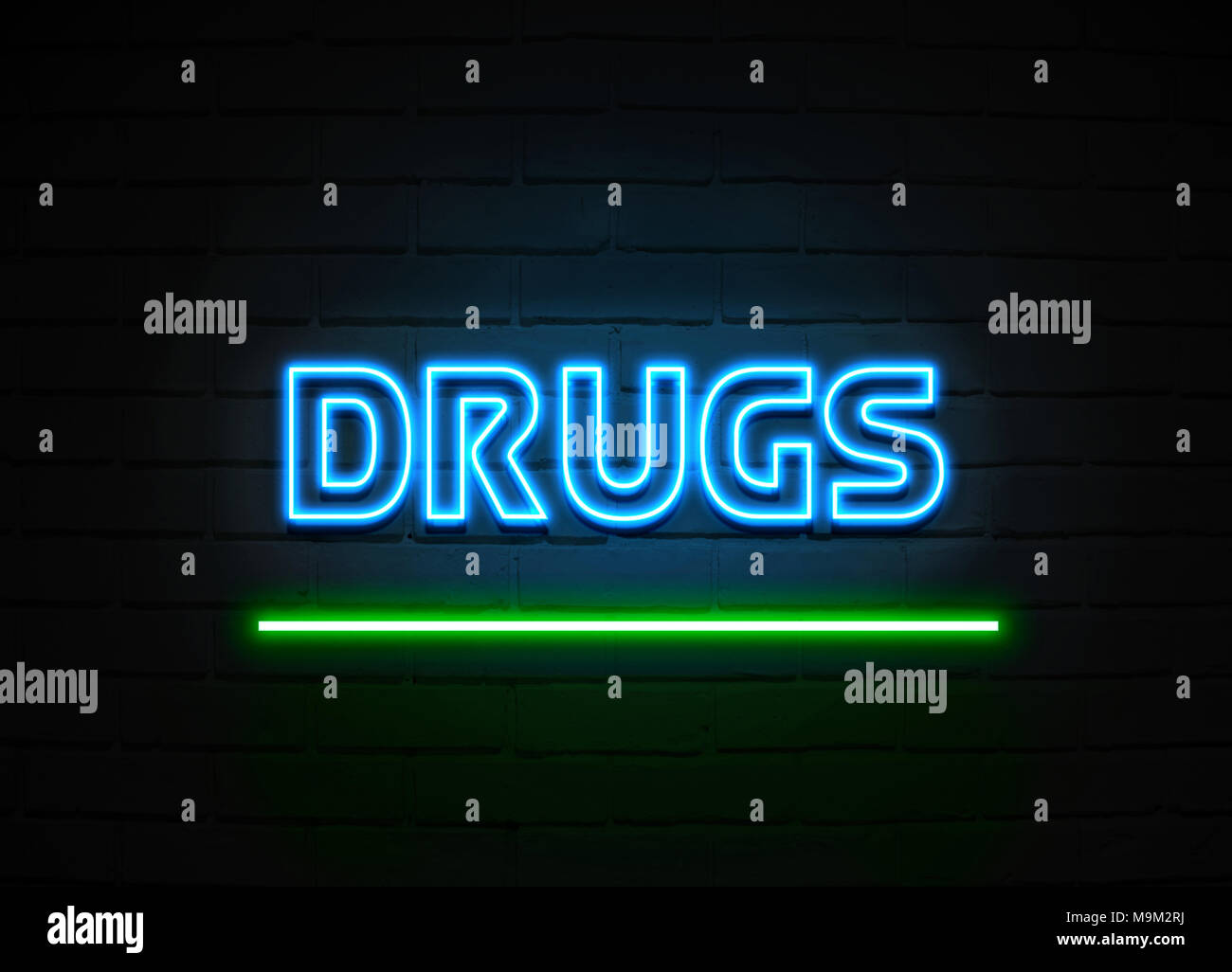 Drugs neon sign - Glowing Neon Sign on brickwall wall - 3D rendered ...