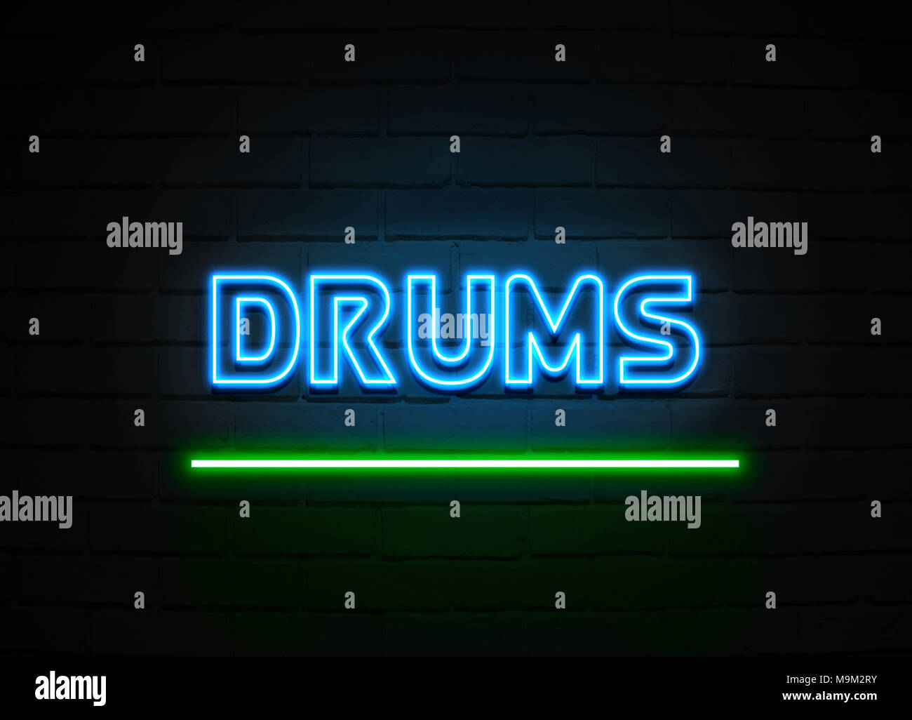 Drums neon sign - Glowing Neon Sign on brickwall wall - 3D rendered ...