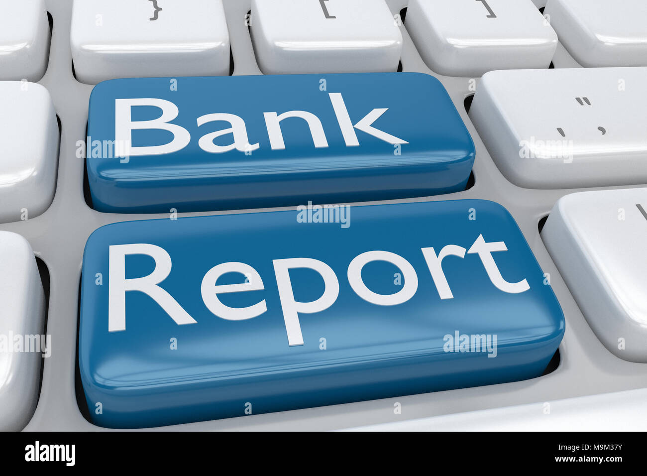 3D illustration of computer keyboard with the script Bank Report on two ...
