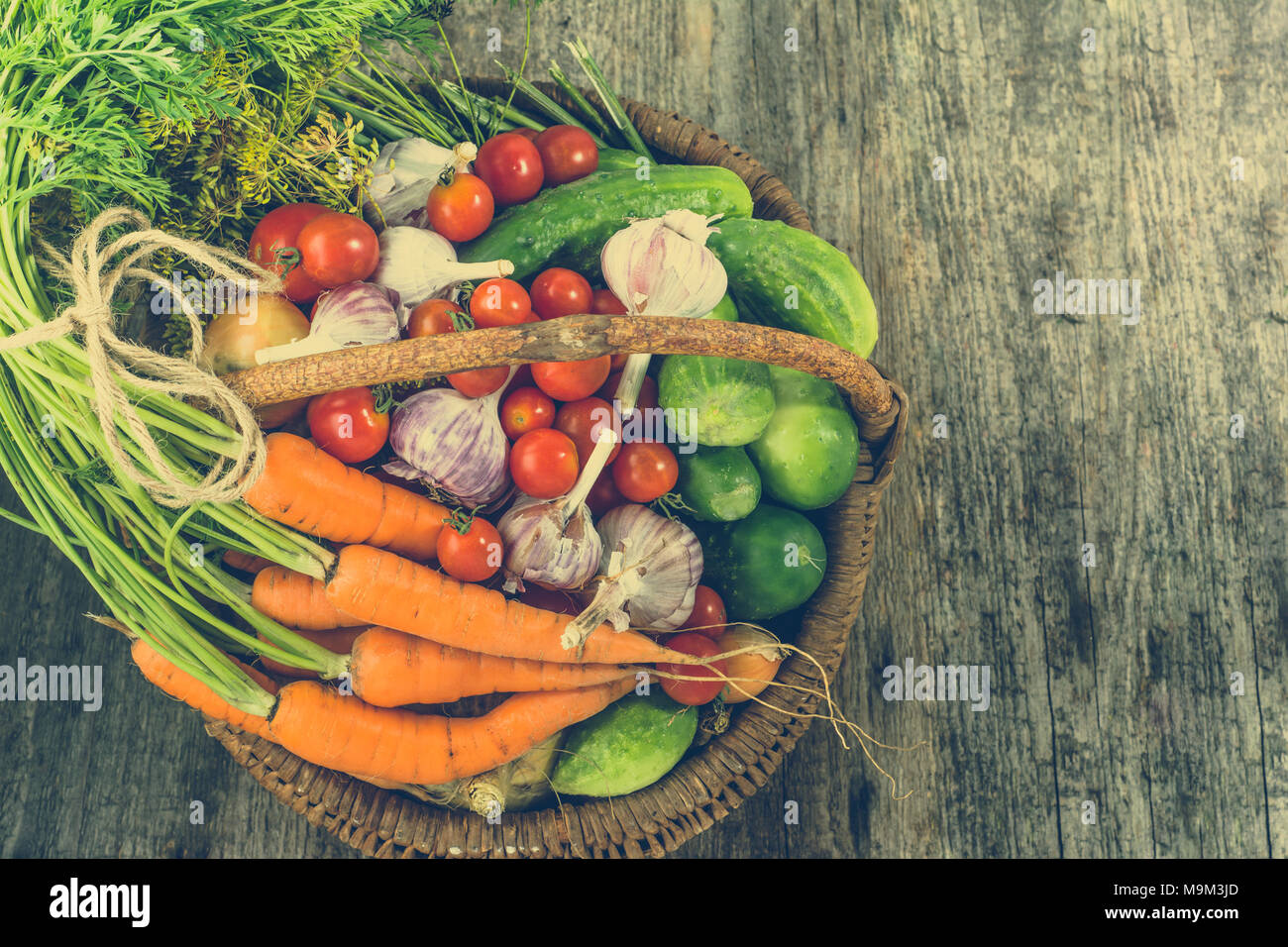 Assorted vegetables, organic food on wooden farm table, overhead Stock ...