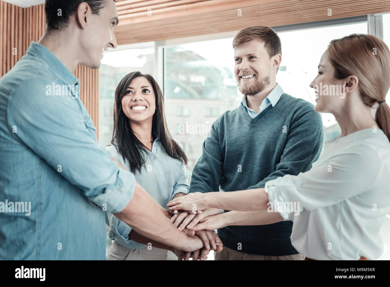 Friendly satisfied colleagues standing gathering hands together Stock ...