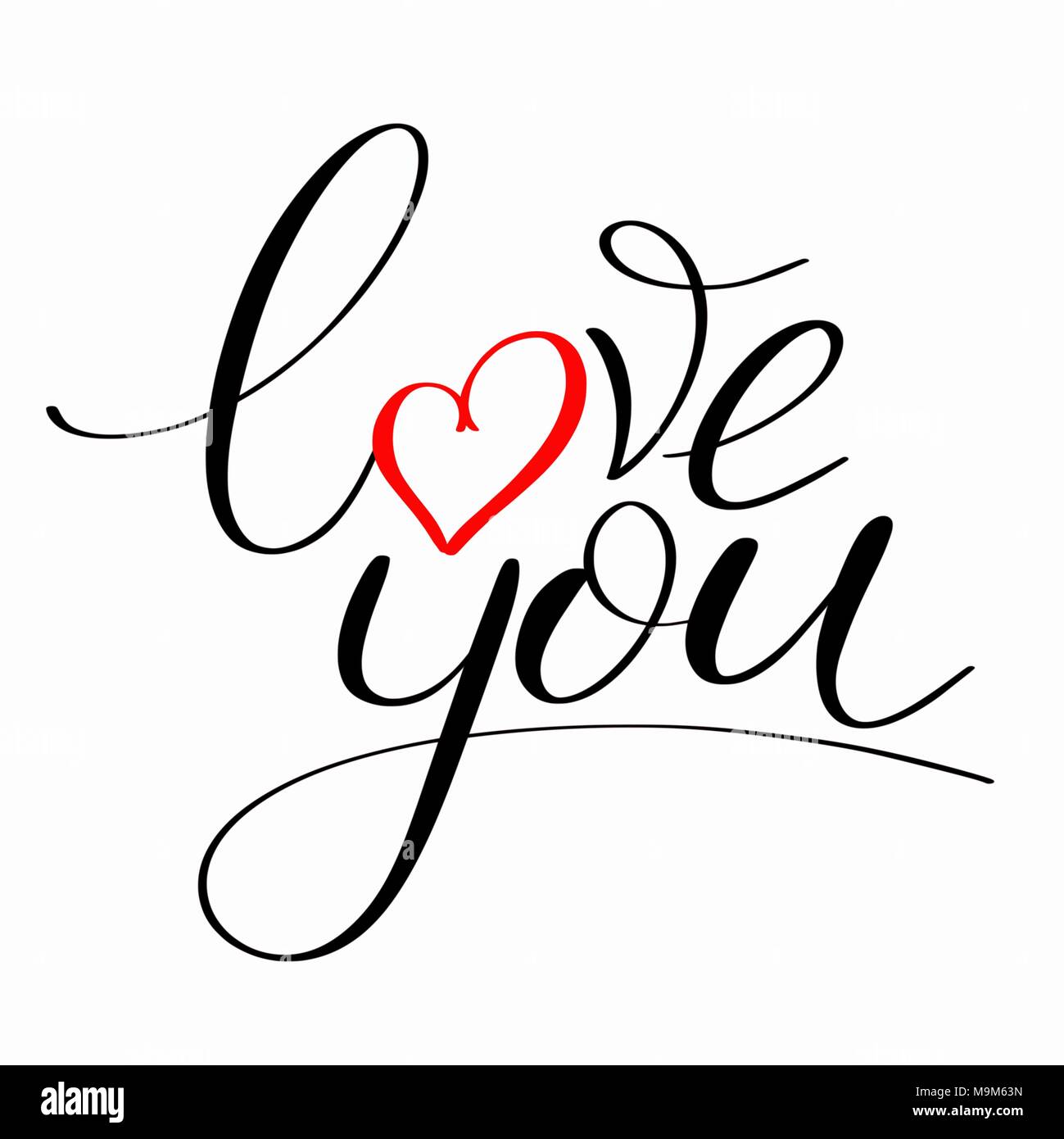 Love you with red heart text, Calligraphic love lettering Stock Vector ...