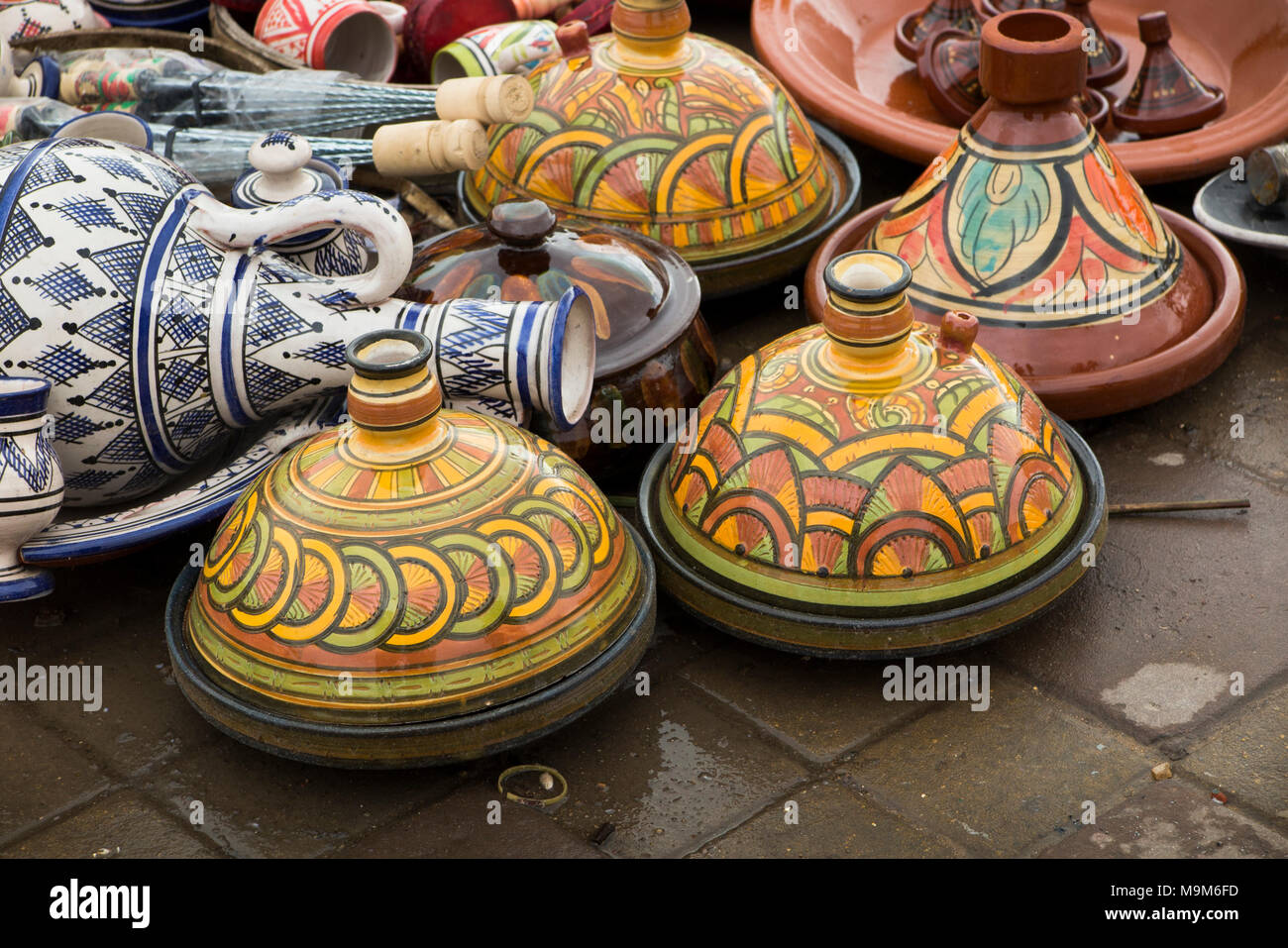 Morocco, Meknes, Place el-Hedim, locally made pottery displayed in ...