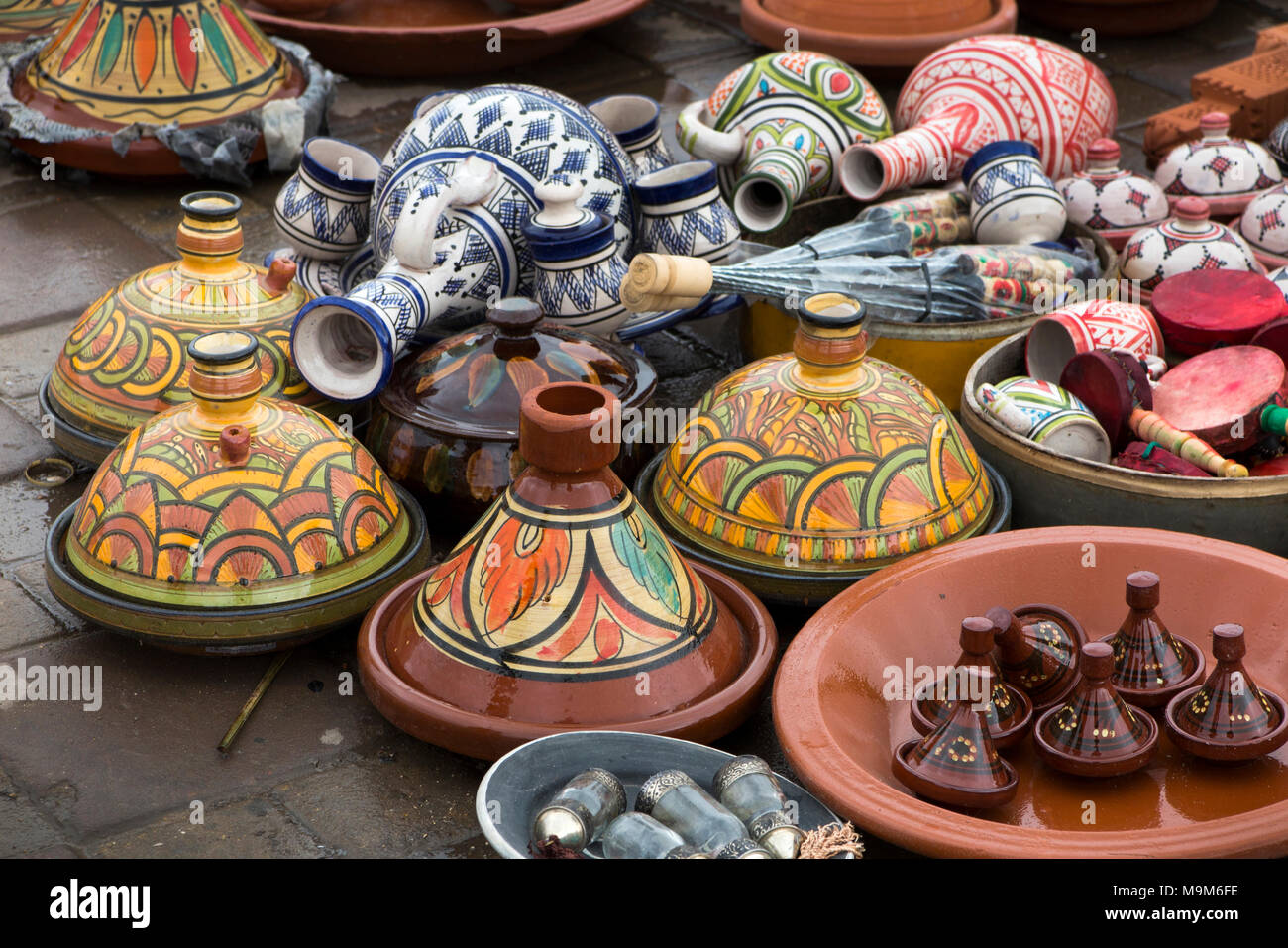 Morocco, Meknes, Place el-Hedim, locally made pottery displayed in ...